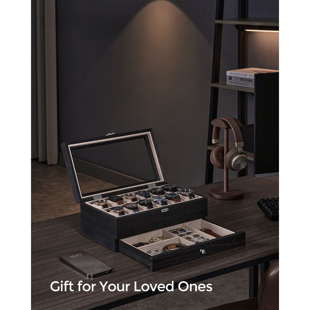 Slickblue Ebony Black -12-Slot Tabletop Watch Box with Large Glass Lid ...