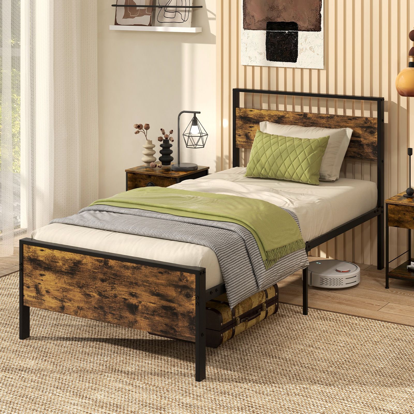 Slickblue Rustic Brown Platform Bed with Underbed Space and Noise-Free ...