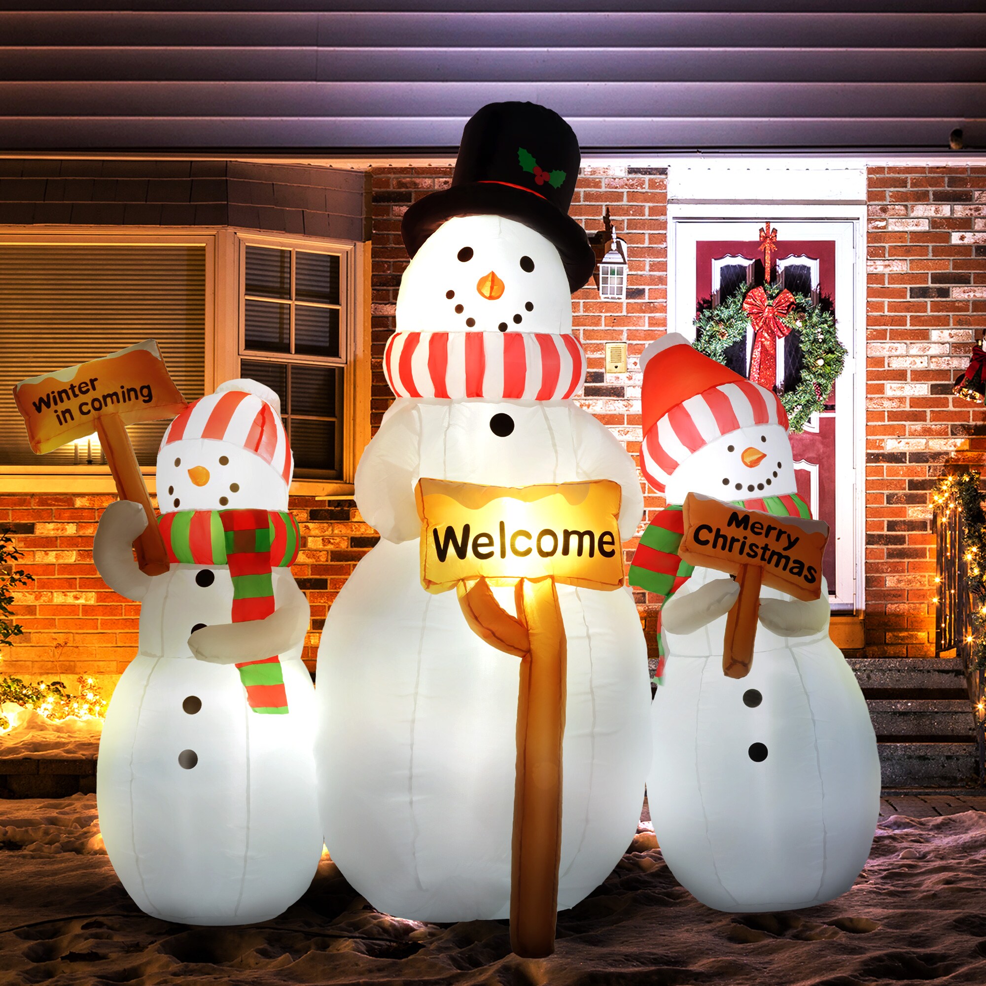 Outsunny 6.1ft Christmas Inflatables Three Snowmen with Sign Each Blow ...