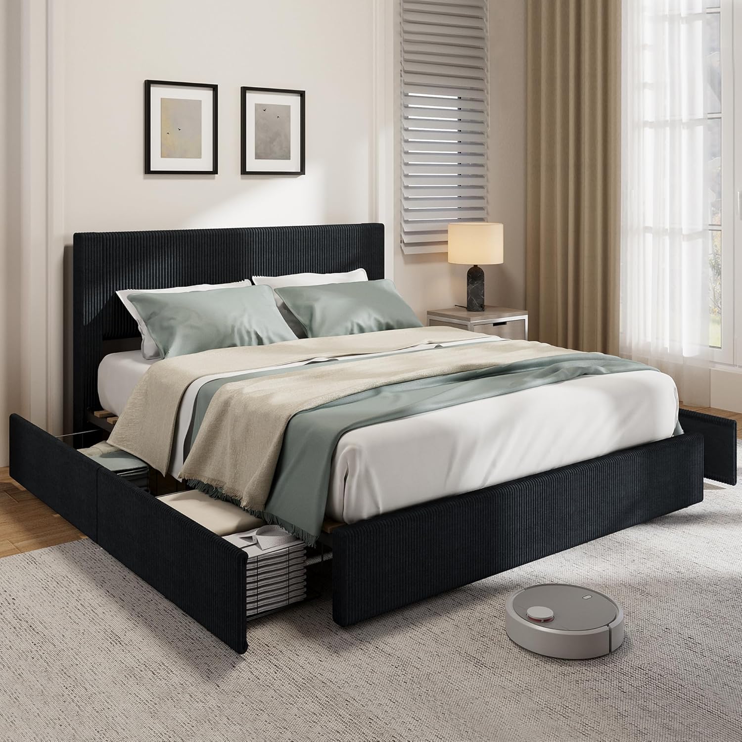 Garvee Queen Platform Bed Frame with 4 Drawers Corduroy Channel Tufted ...