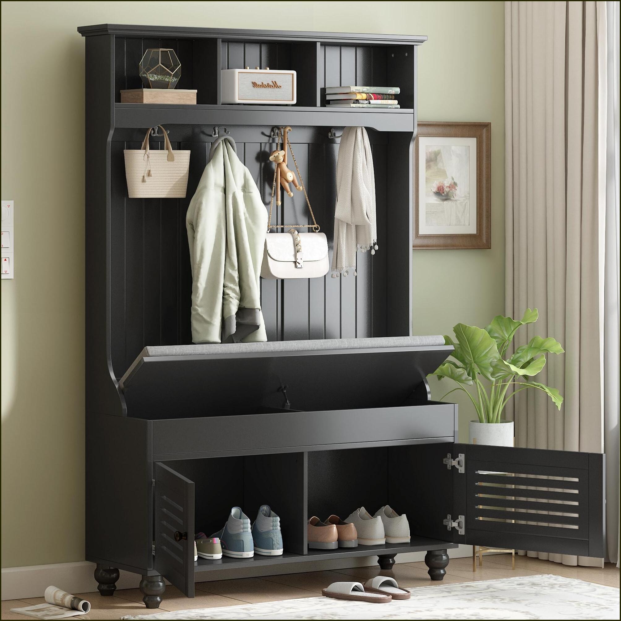 SunJet Coat Rack 5in1 Hall Tree with Storage Bench 47.2 Wide w Louvered ...