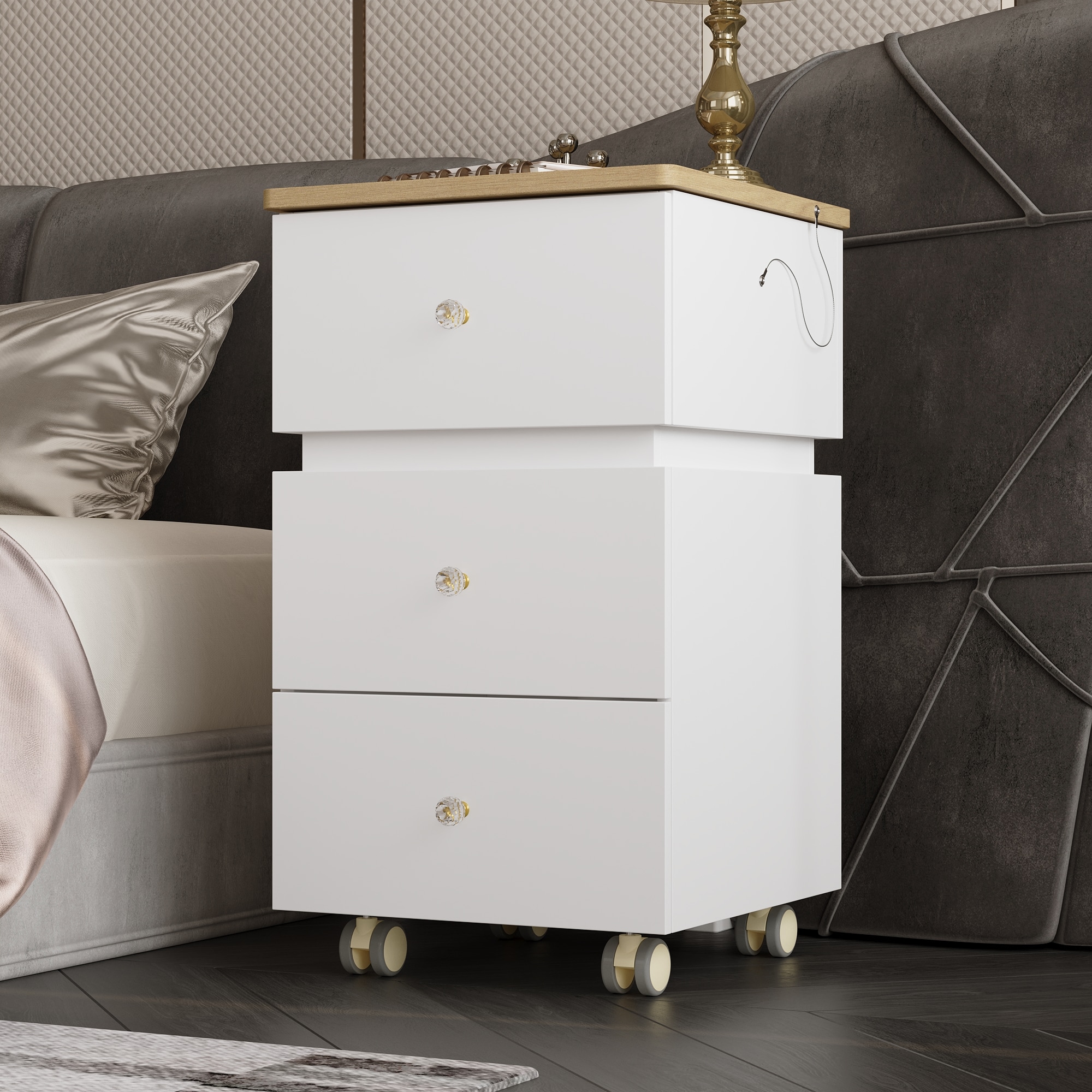 Homsee Adjustable Height Vanity Table with Smart Mirror Crystal Handles ...