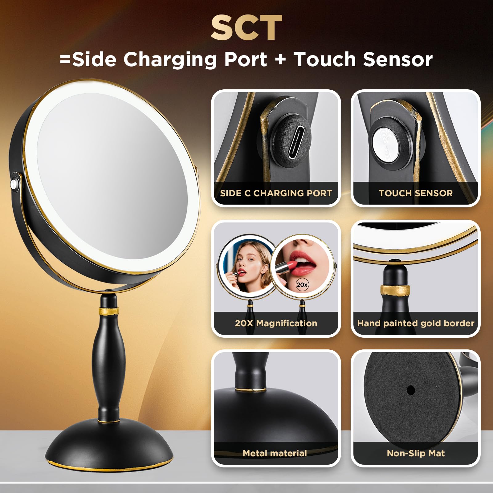 OMOMMD Matte Black With Gold Trim 20x Magnifying Rechargeable Double ...