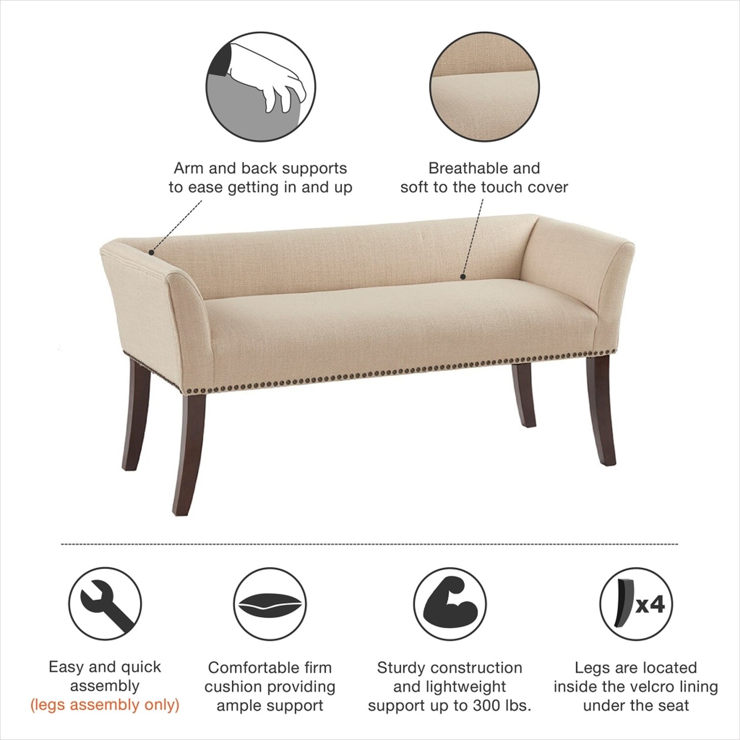 Watnature Polyester Upholstered Entryway Bench with Low Back Nailhead ...