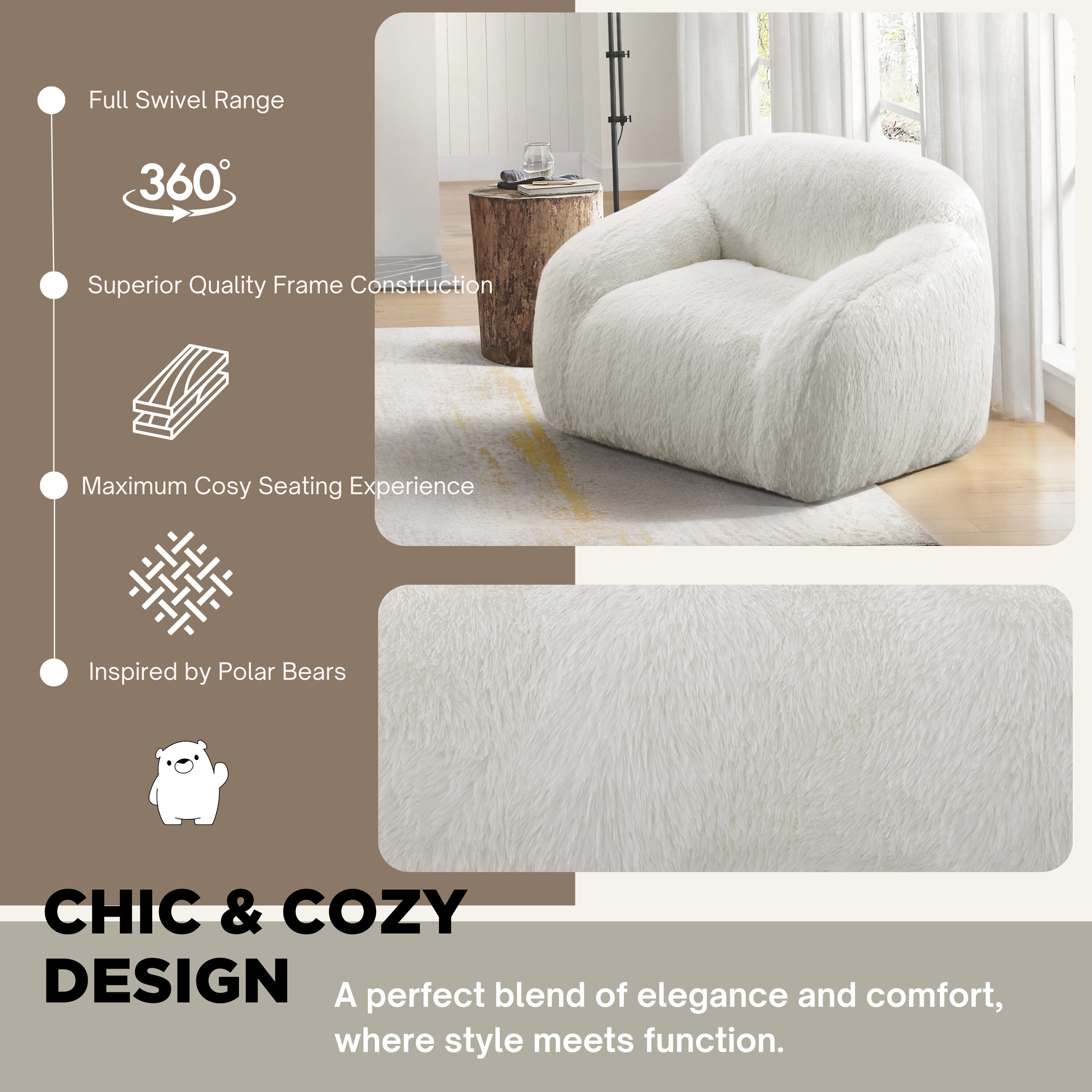 Roundhill Furniture Adell Polar Bear 2-Piece Living Room Set in Ivory ...