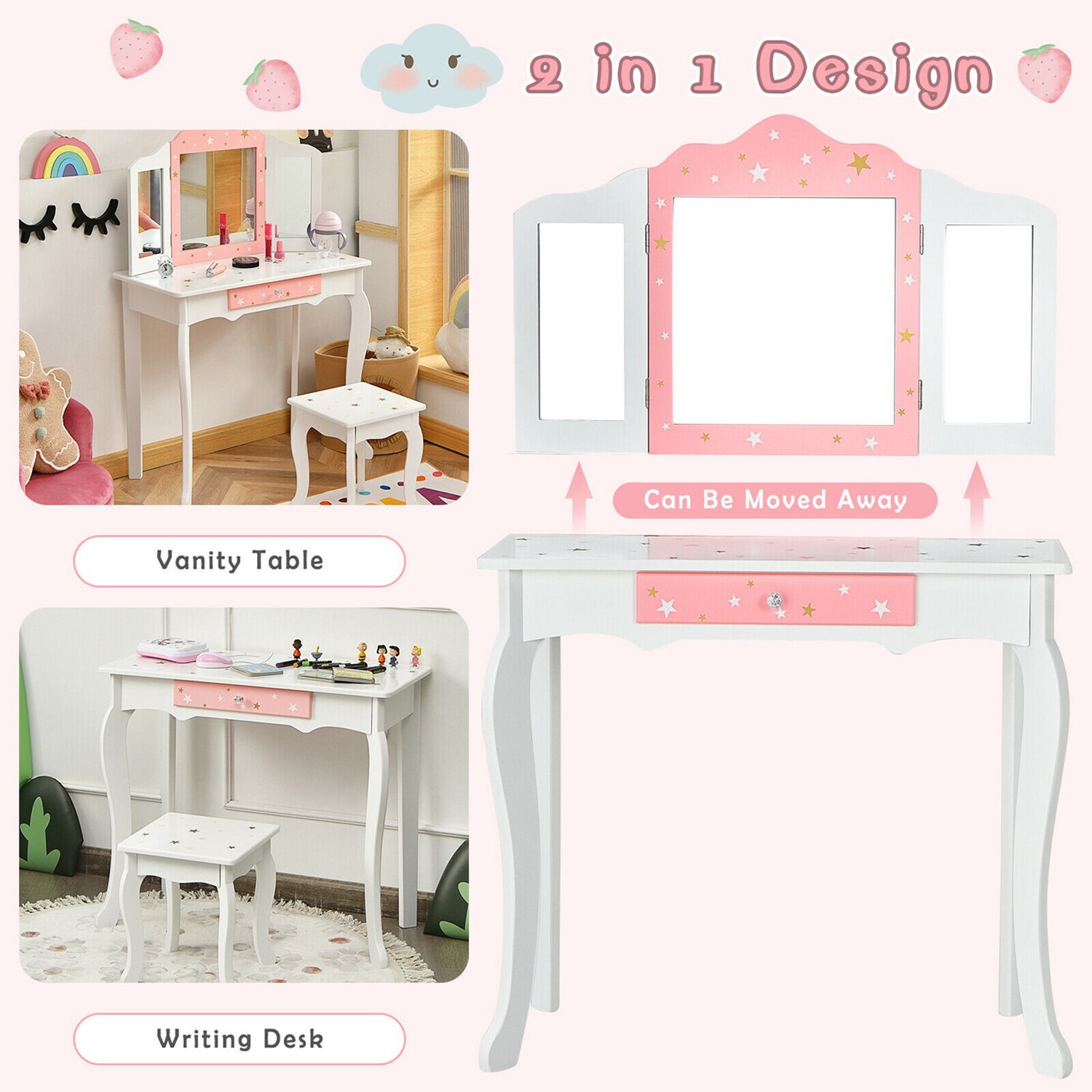 Costway Kids Vanity Princess Makeup Dressing Table Chair Set With Tri ...