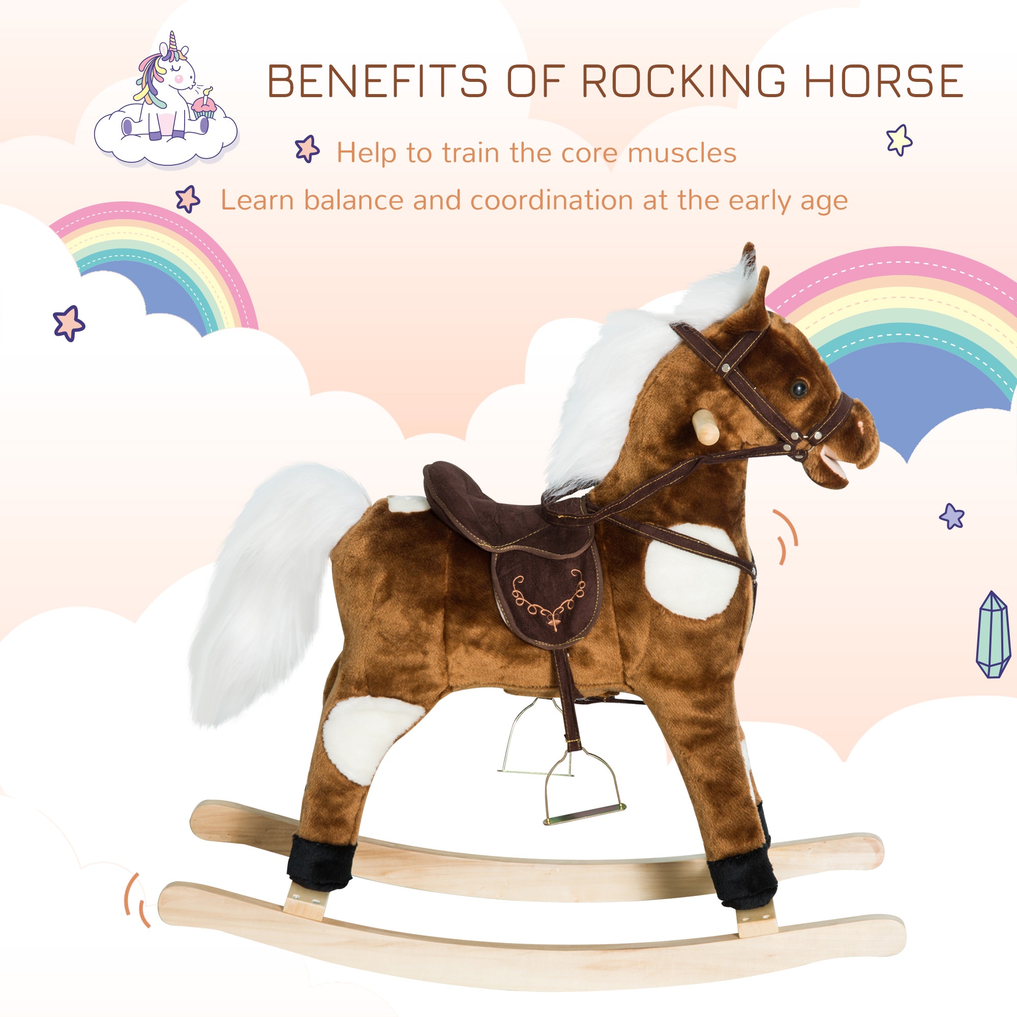 Qaba Kids Metal Plush Ride-On Rocking Horse Chair Toy With Nursery ...