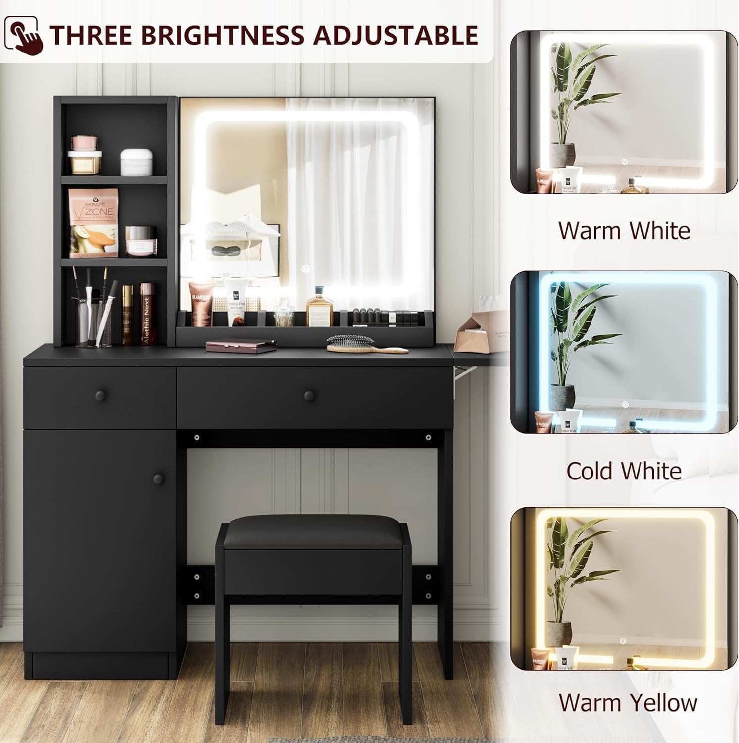 GAOMON Vanity desk with mirror and LED lights makeup table with built ...
