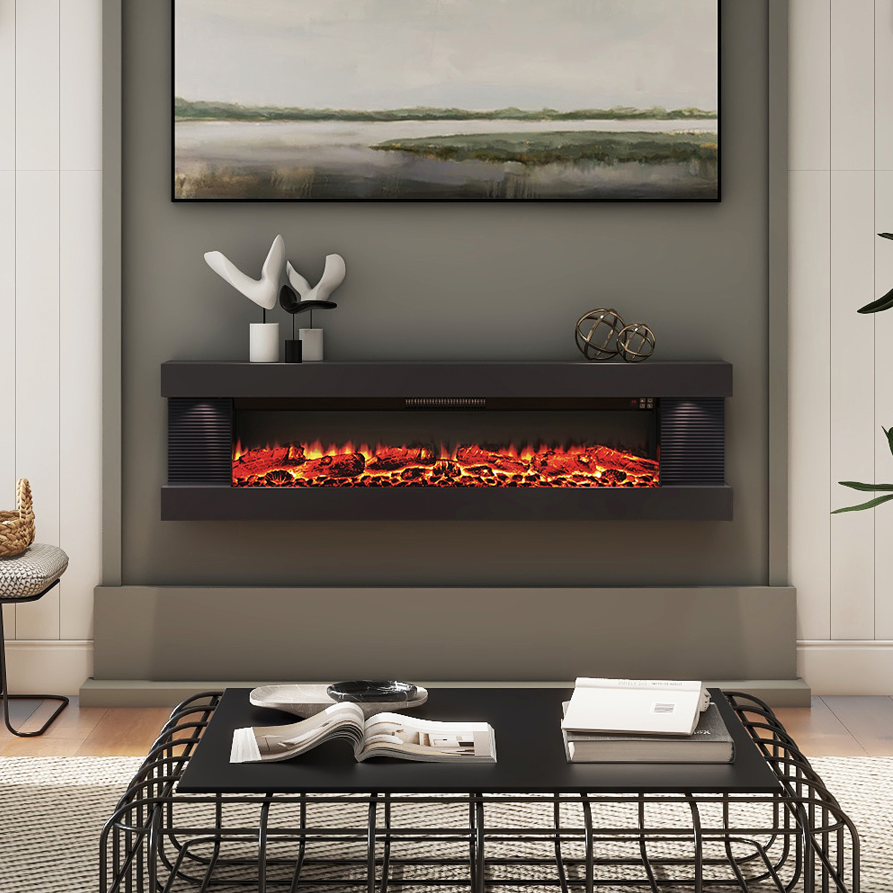 Mondawe 60-in W Black-3 Sided Wall mount Fan-forced Electric Fireplace ...
