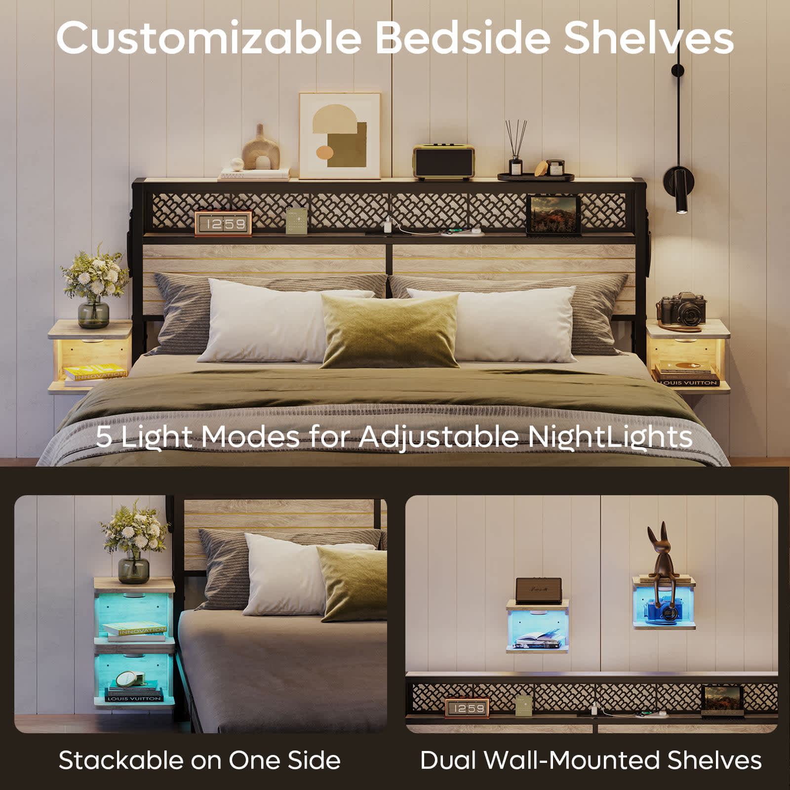 Bestier 100.08-in W King Size Gray Bed Frame with Golden Stripe ...