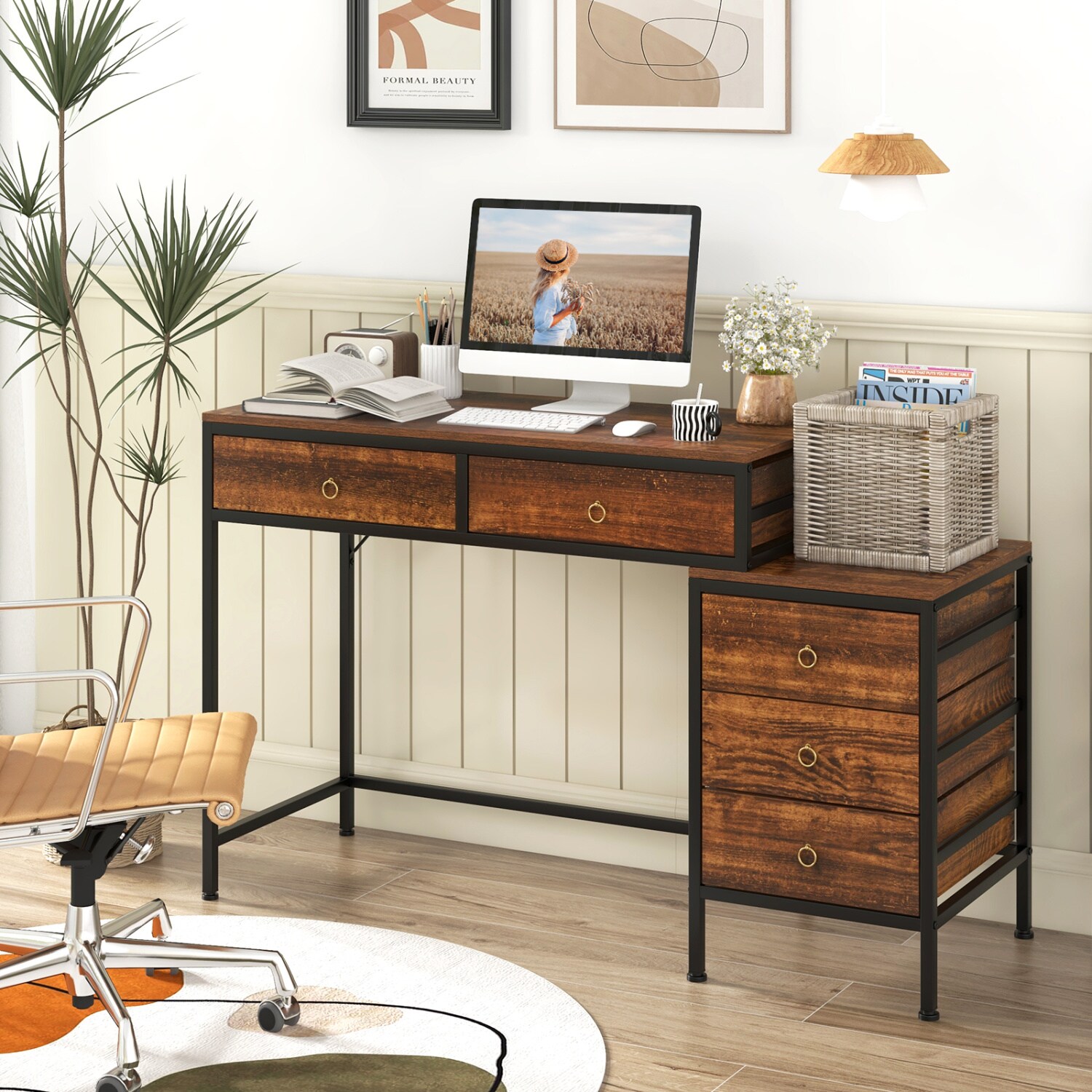 Slickblue Industrial Rustic Brown/Gray Computer Desk with 5 Drawers and ...
