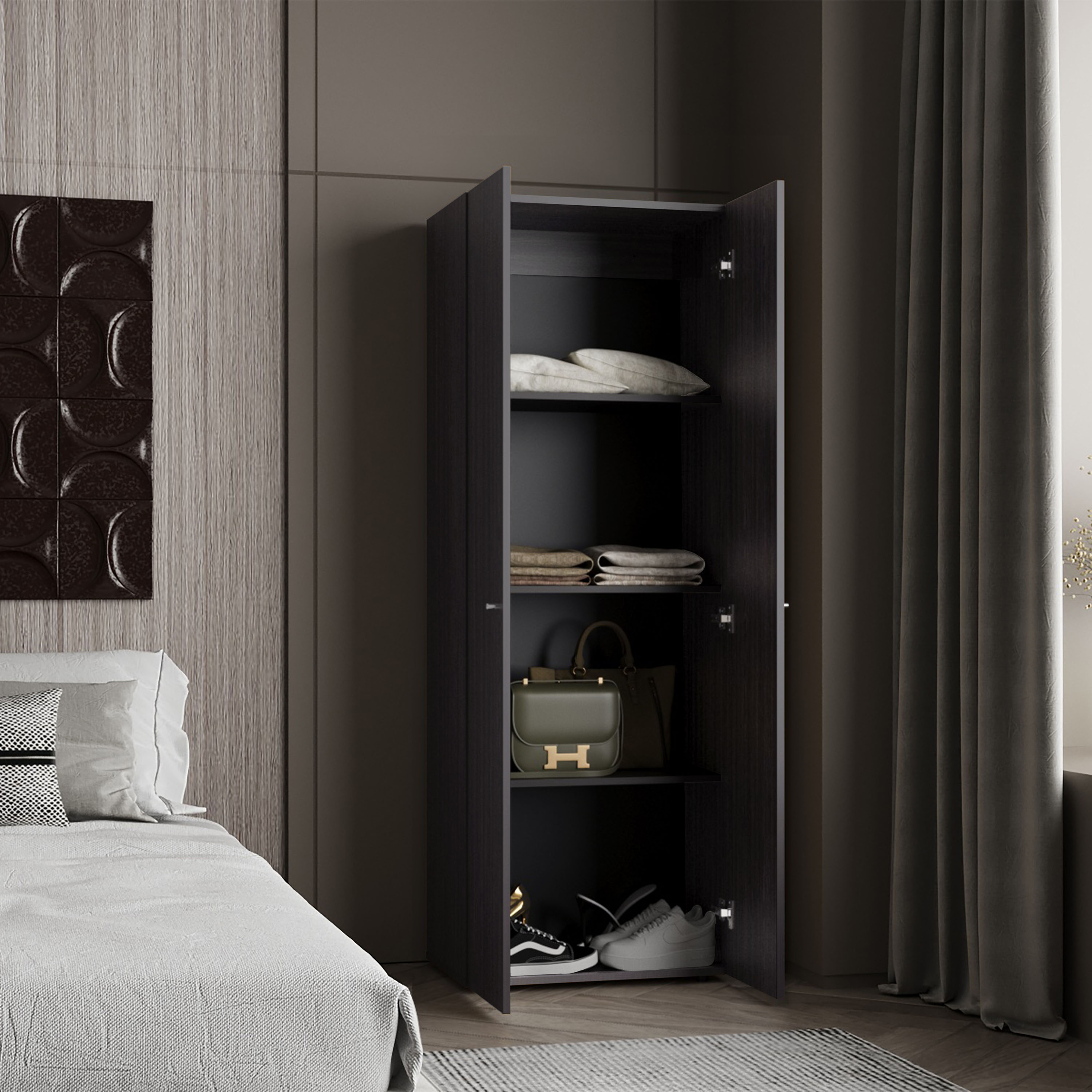 LOVMOR Black Home 2 Door Closet System 4 Fixed Shelves Freestanding ...