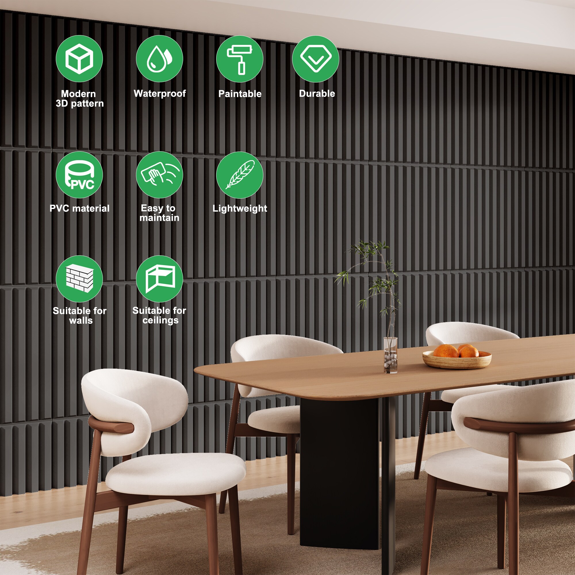 LOVMOR PVC Slat Wall Panel 19.7 x 19.7in 3D Fluted Textured Panel Black ...
