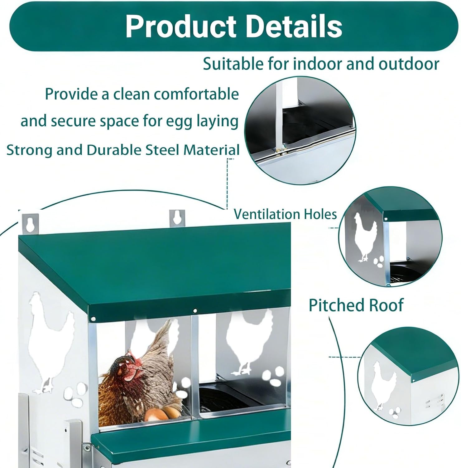 GarveeLife Chicken Nesting Box 3 Hole Large Metal Laying Boxes with ...