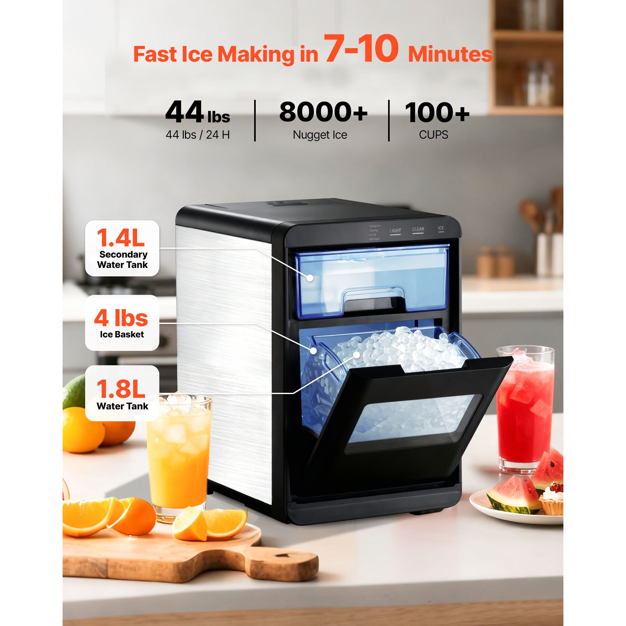 SUGIFT Countertop Nugget Ice Maker 44-lb Per Day Self-Cleaning Portable ...