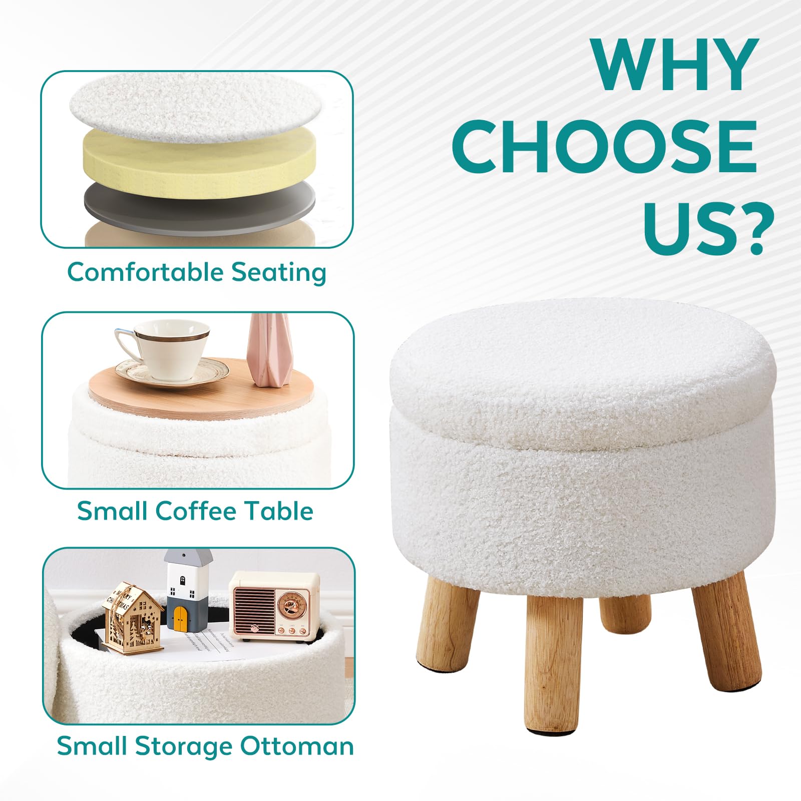 OMOMMD White Small Foot Stool Ottoman With Storage Faux Leather Rest ...