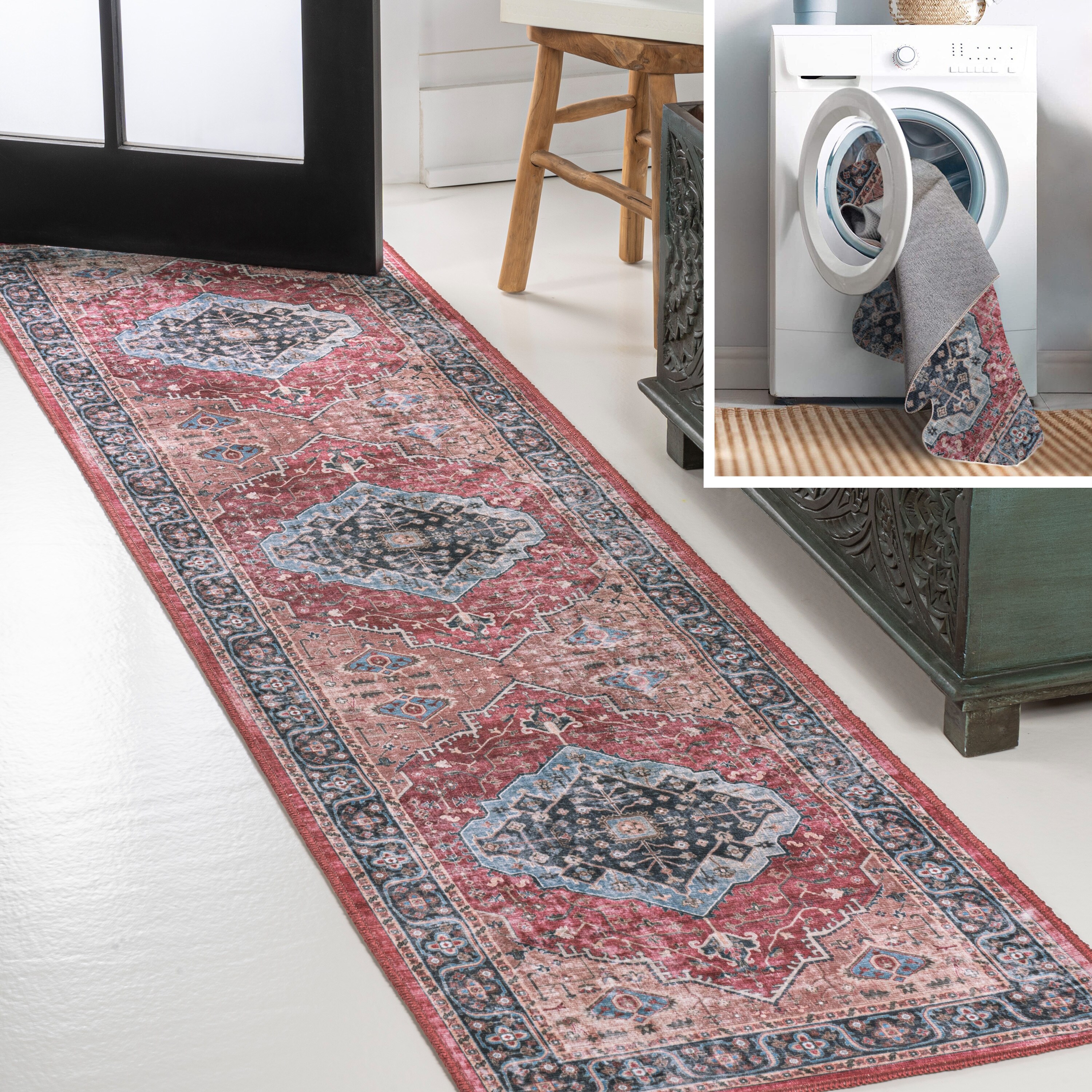 JONATHAN Y WASHABLE Alacati Ogee Medallion 2 X 8 (ft) Red/Blue/Brown ...