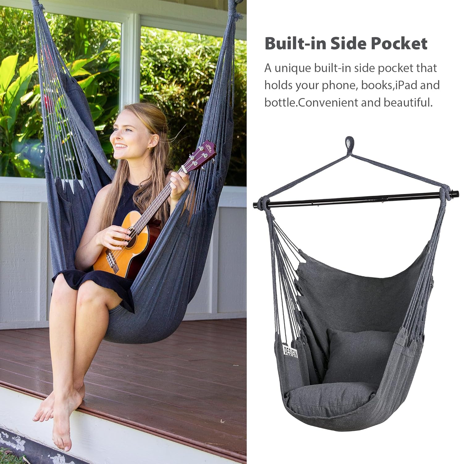 SUNCREAT Hammock Chair Swing with Steel Support Bar Side Pocket Large Hanging Chair Outdoor Max ...