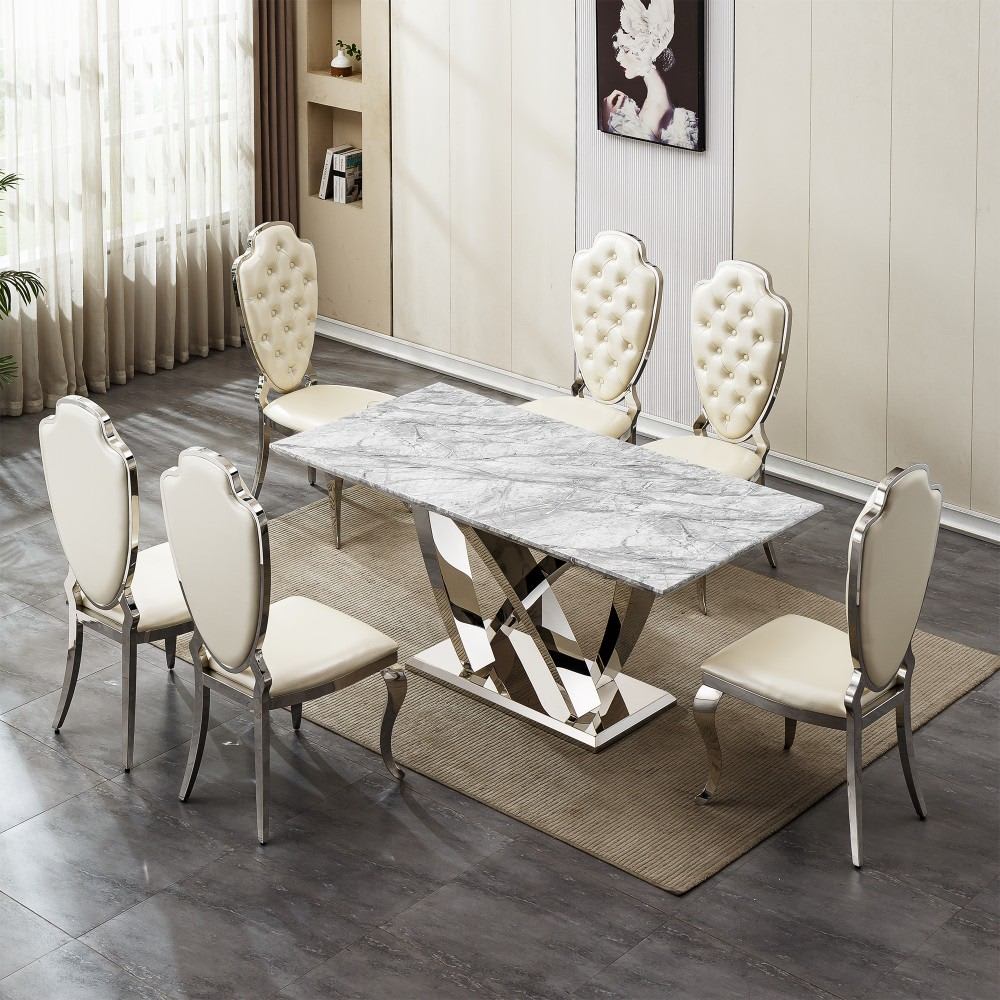 Coolbibila 70 Inch Gray Faux Marble Dining Table with Rectangular Top ...