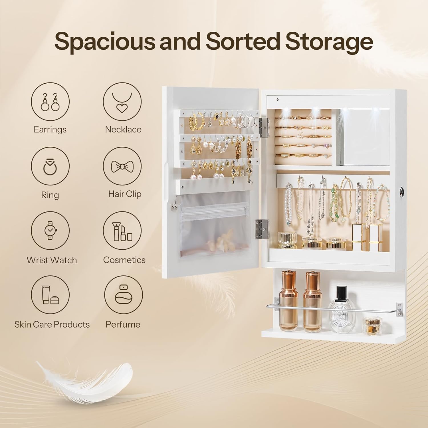 Hoobro Wall Mounted Jewelry Cabinet LED Jewelry Armoire with Interior ...