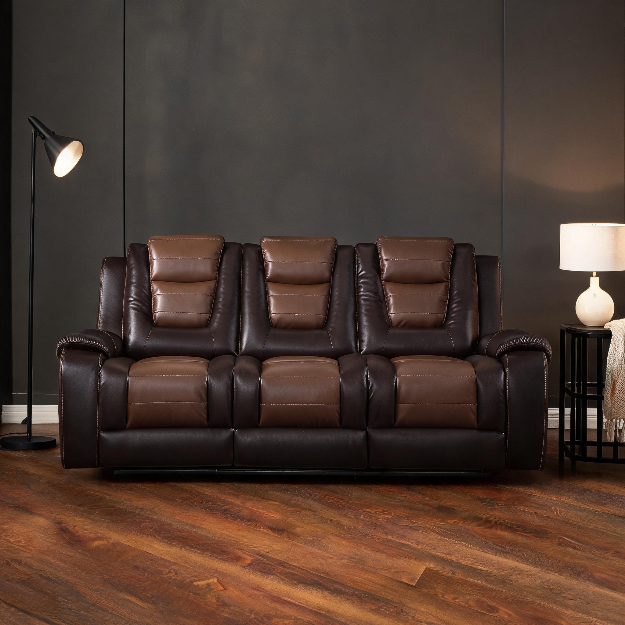 Watnature Two-Tone Brown Faux Leather Dual Reclining Sofa with Drop ...