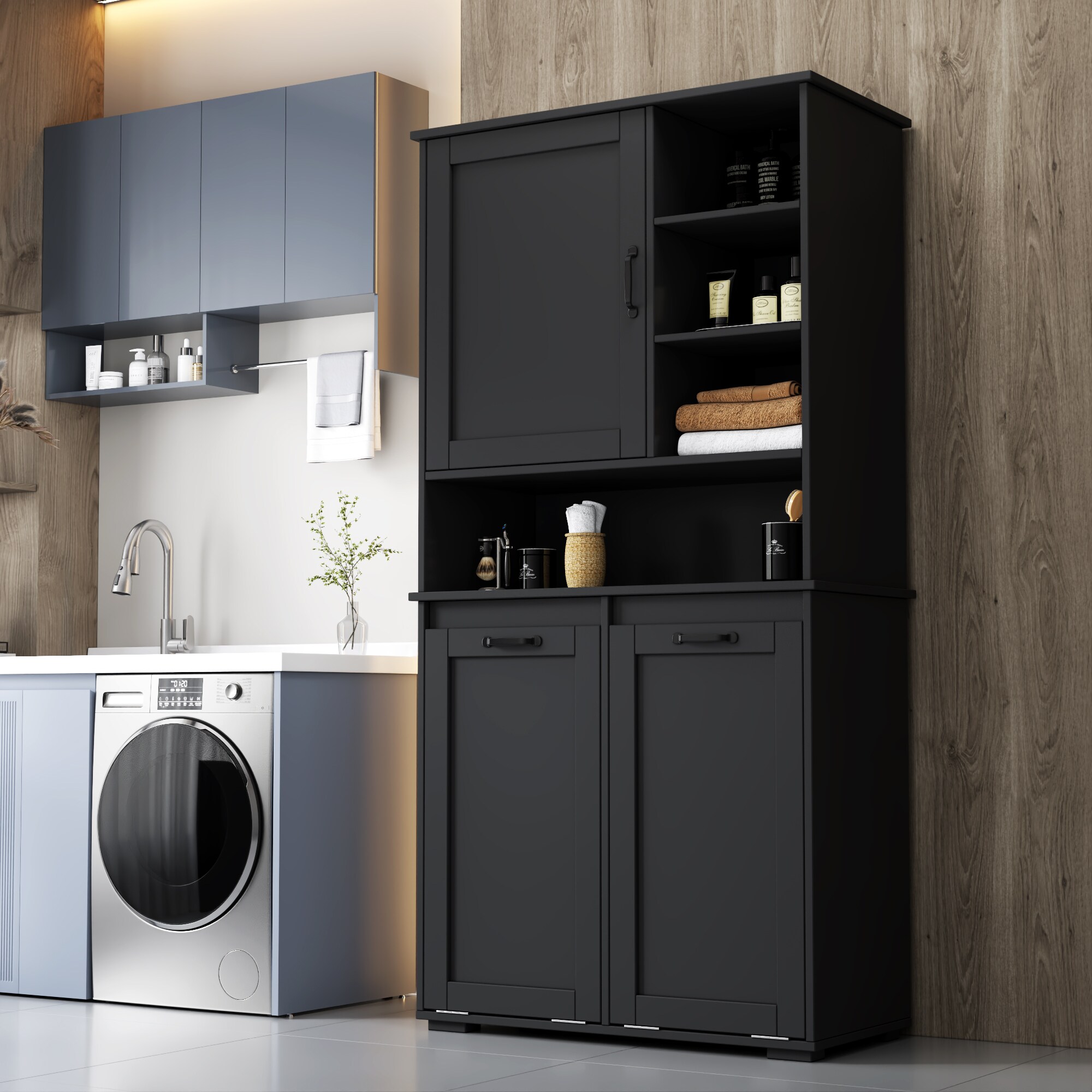 GDFStudio Indoor Modern Wood Laundry Cabinet with Tilt Out Laundry ...