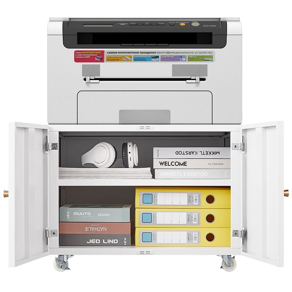 JUJABU White 2 Door Steel Copier Stand Mobile Pedestal File Printer in ...