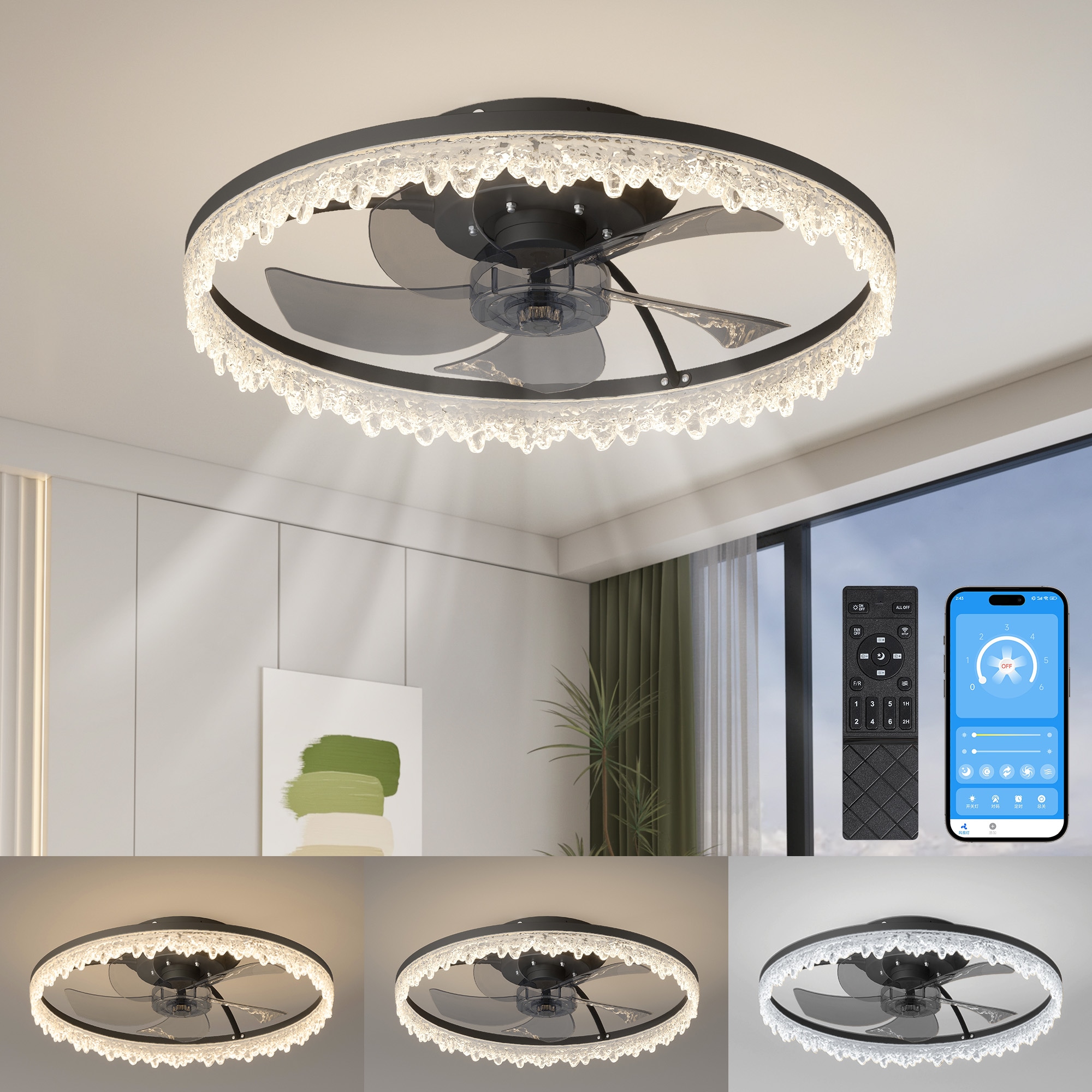 LOVMOR Smart Flush Mount Ceiling Fan 20 inch LED Chandelier 5 Blades ...