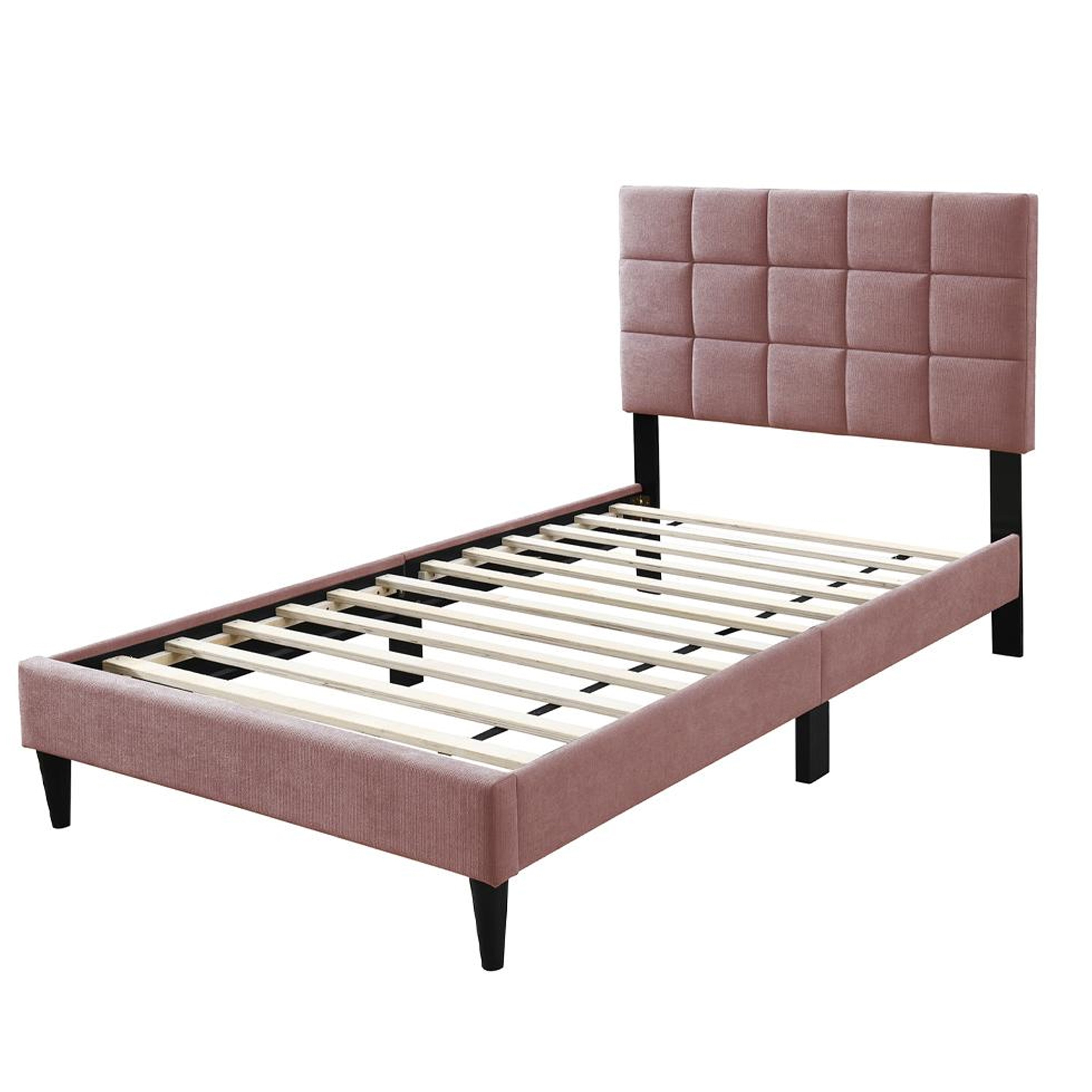 Benzara Lilian Twin Bed-Tufted Pink Linen Upholstery-Biscuit Tufted ...