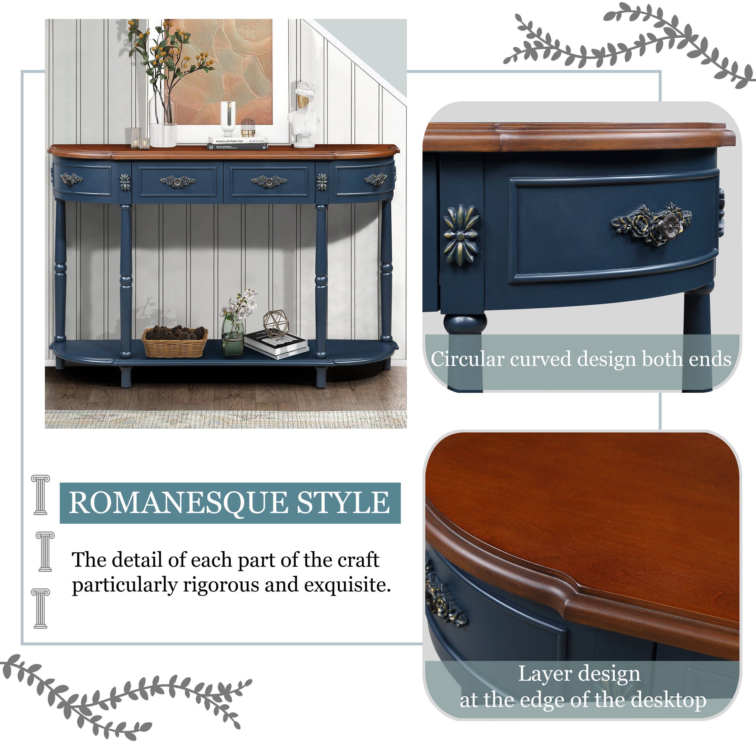 TATAHANCE 52 in. Navy Blue + Brown Retro Curved Half Moon Top Wood ...