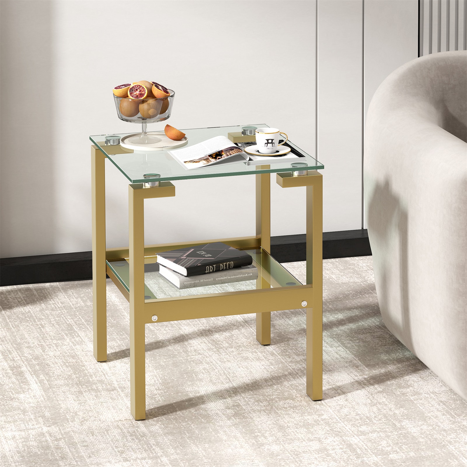 BESTCOSTY Clear Glass Side End Table with Gold Legs Tempered Glass Night Stand Corner Table Set of 2 in the End Tables department at Lowes