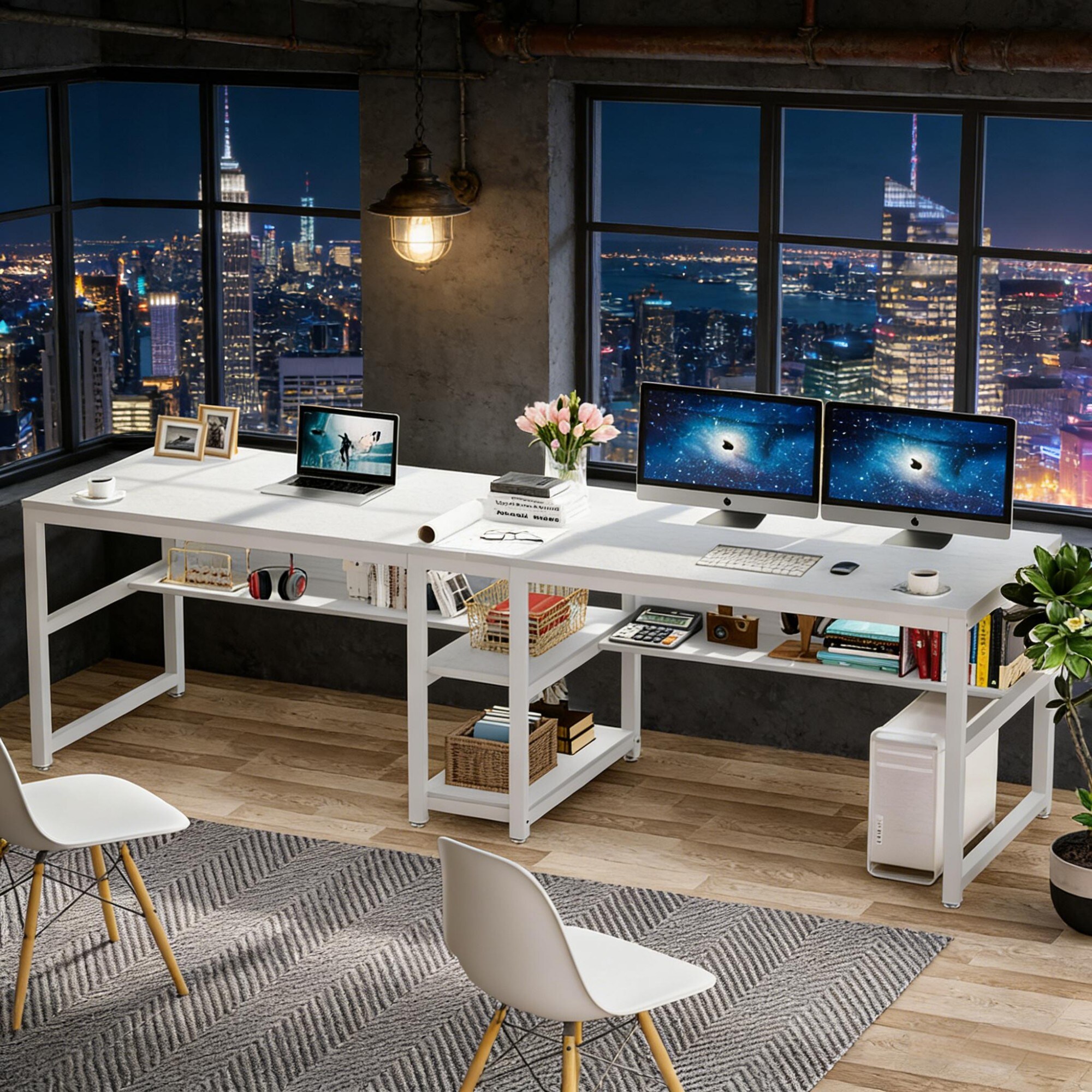 ASTARTH 78 Inch Double Computer Desk with Bookshelf Two Person Office ...