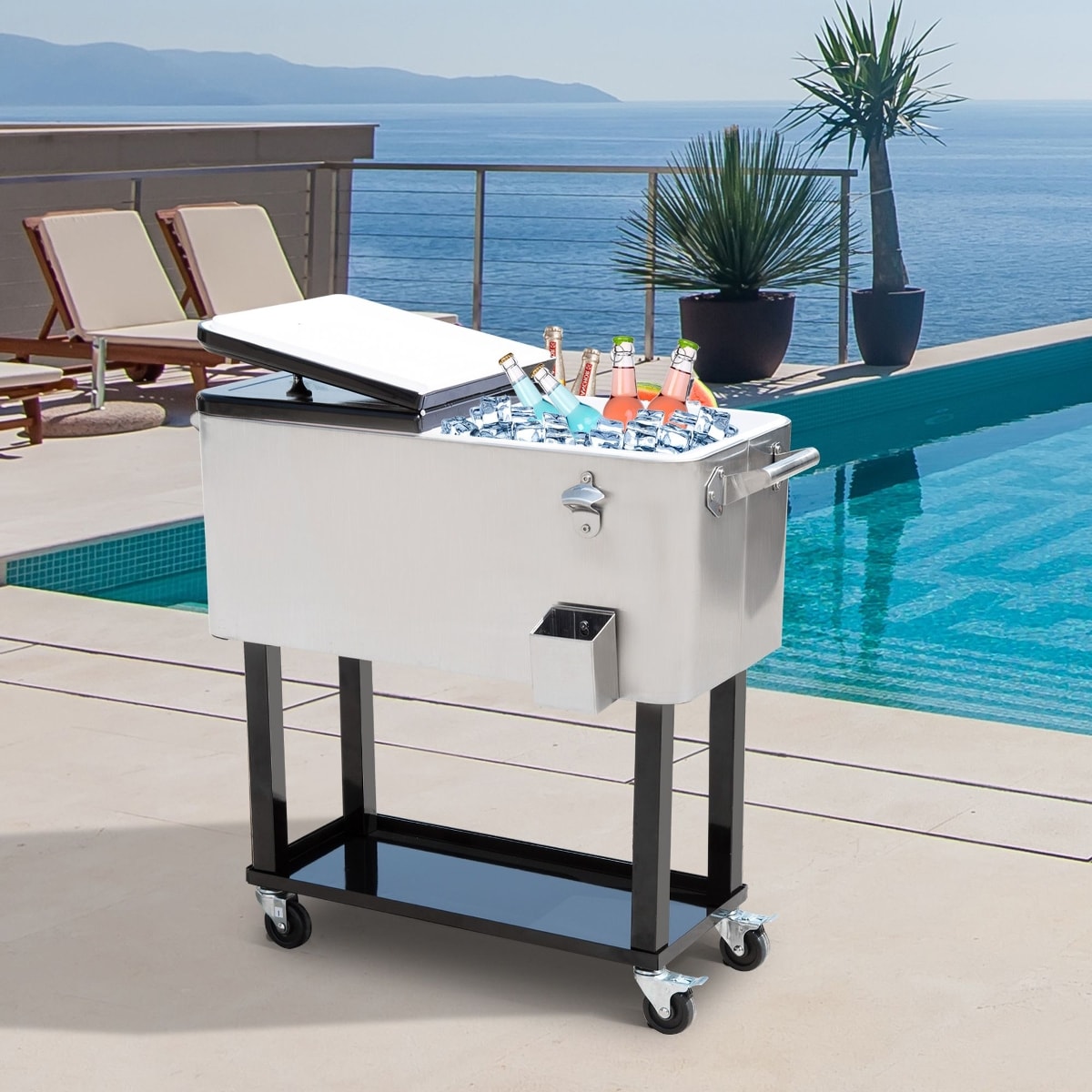 Loheer 80-Quart Silver Rolling Ice Chest on Wheels Outdoor Patio Drink ...