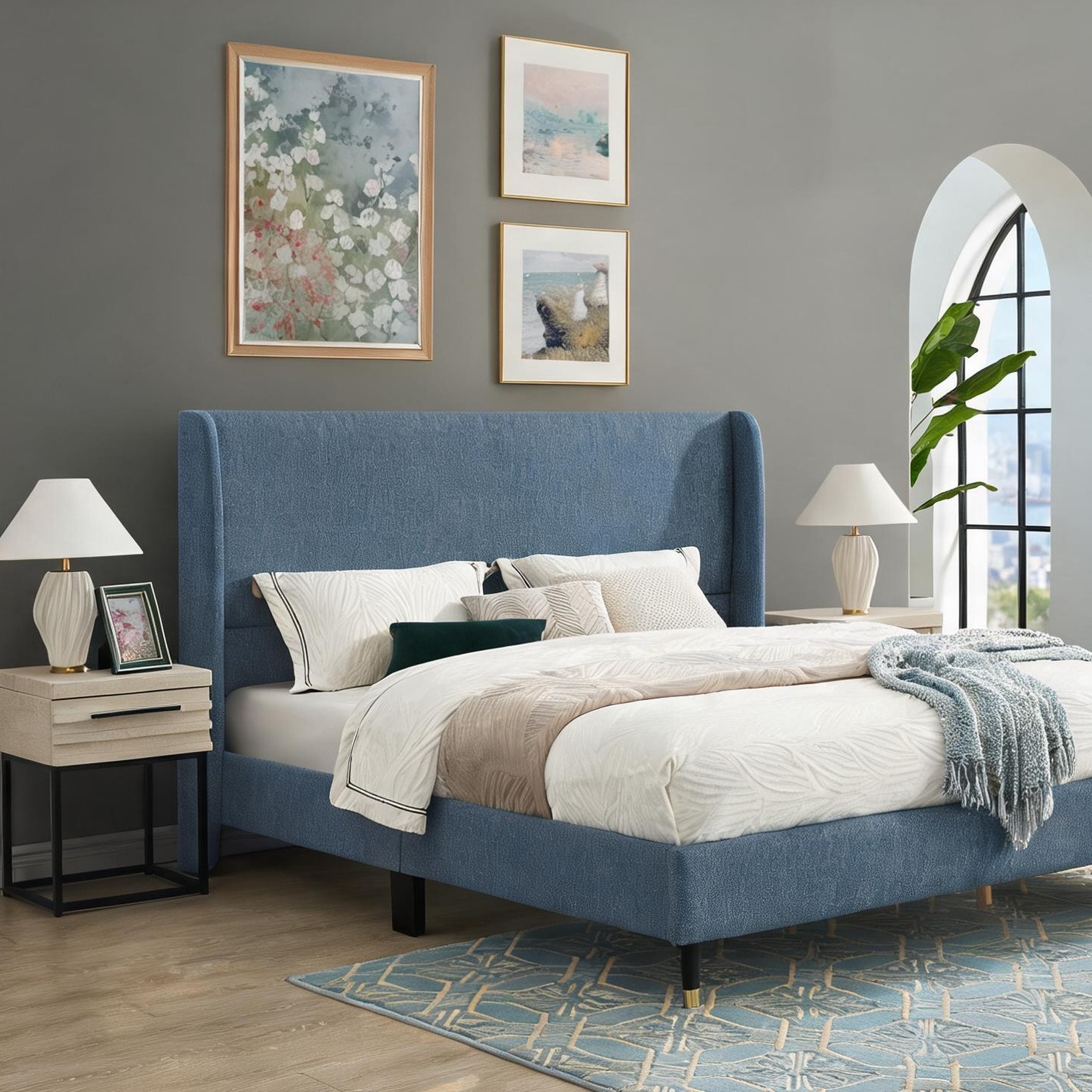 SunJet Wingback Platform Bed in Soft Blue Fabric with Low-Profile Frame ...