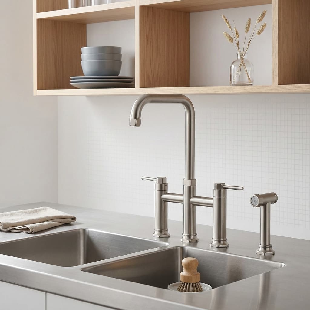 ALEASHA Elegant Brass Double Handle High-Arc Bridge Kitchen Faucet with ...