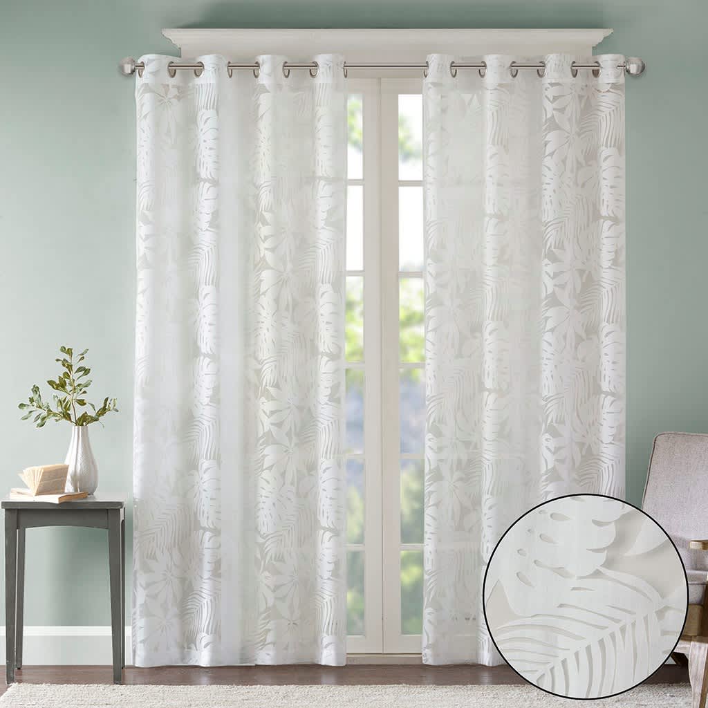 Vynxaria 50x84inch Palm Leaf Burnout Window Sheer Elegant White ...