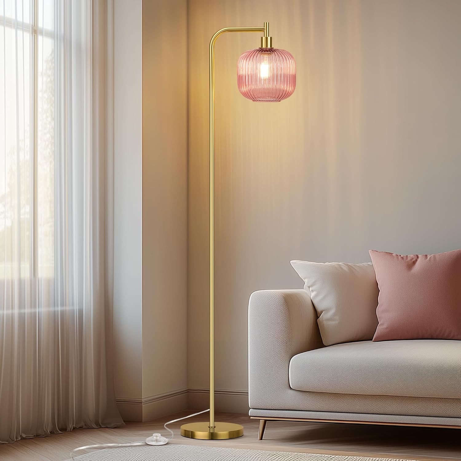 Cinoton Glass Floor Lamp for Living Room Modern Standing Lamp with Pink ...