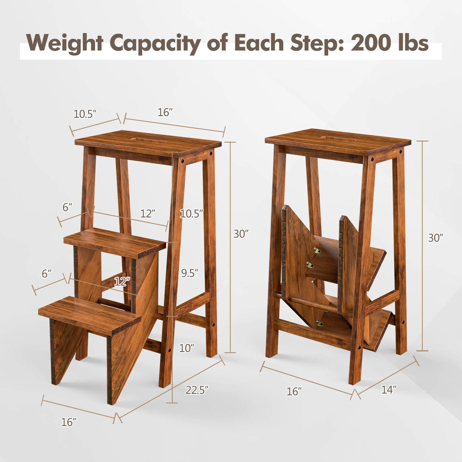 Costway 3-in-1 Rubber Wood Ladder 3 Tier Folding Step Stool Brown ...