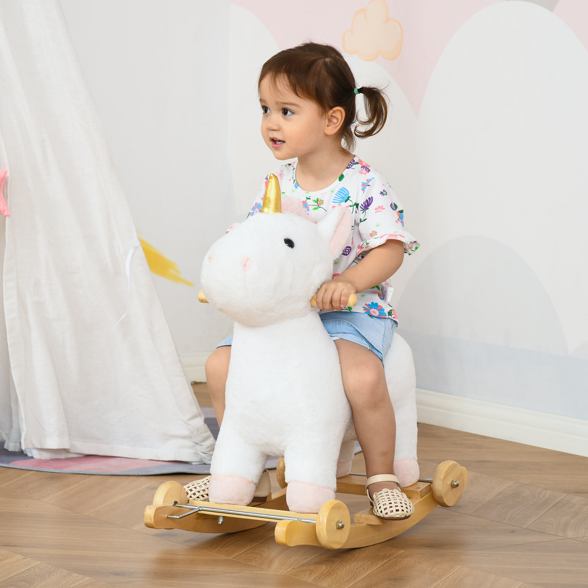 Qaba Rocking Horse 2 in 1 Kids Ride on Horse Rolling Unicorn Animal ...