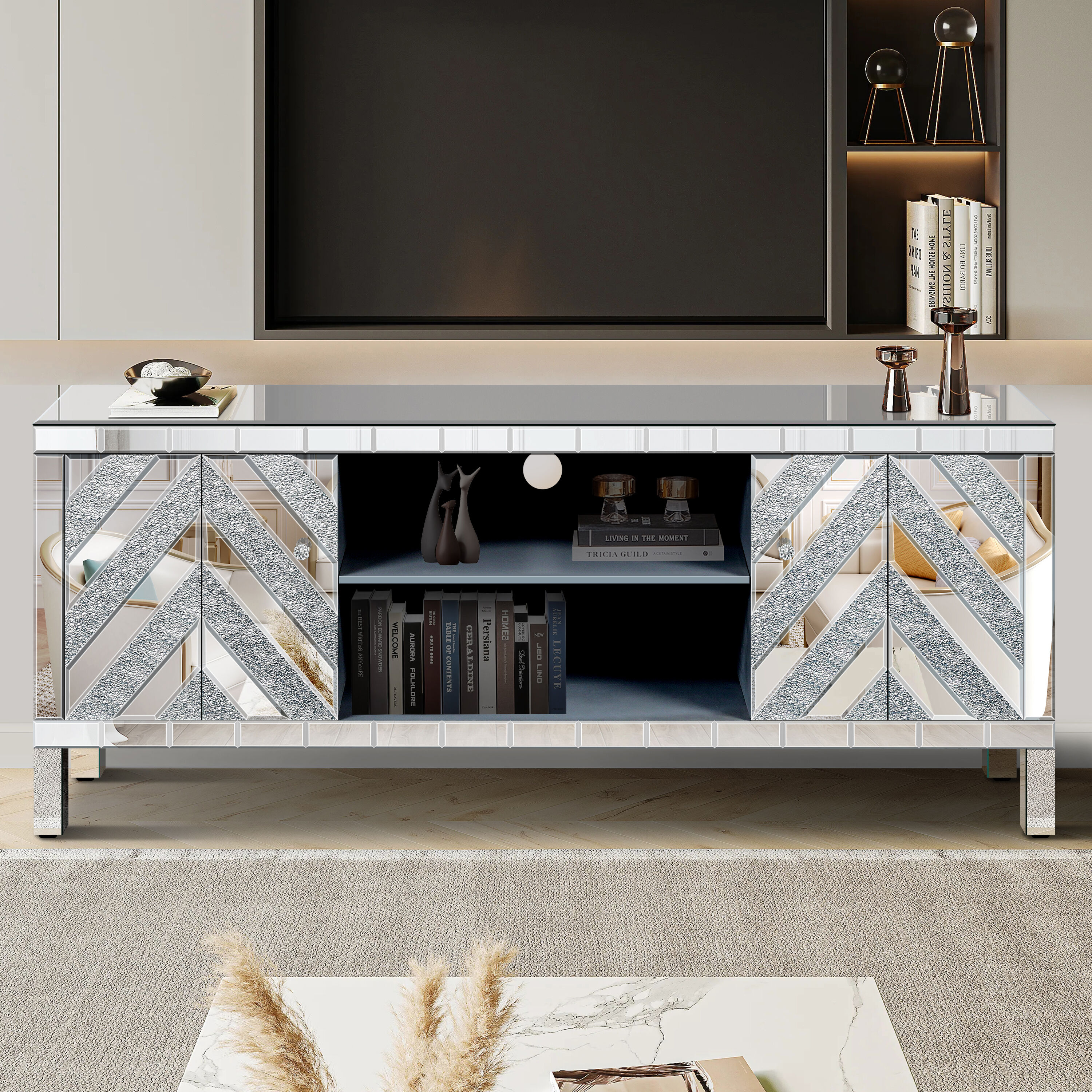 LOVMOR Mirrored TV Stand for 65+ inch TV Sliver TV Console Table with ...