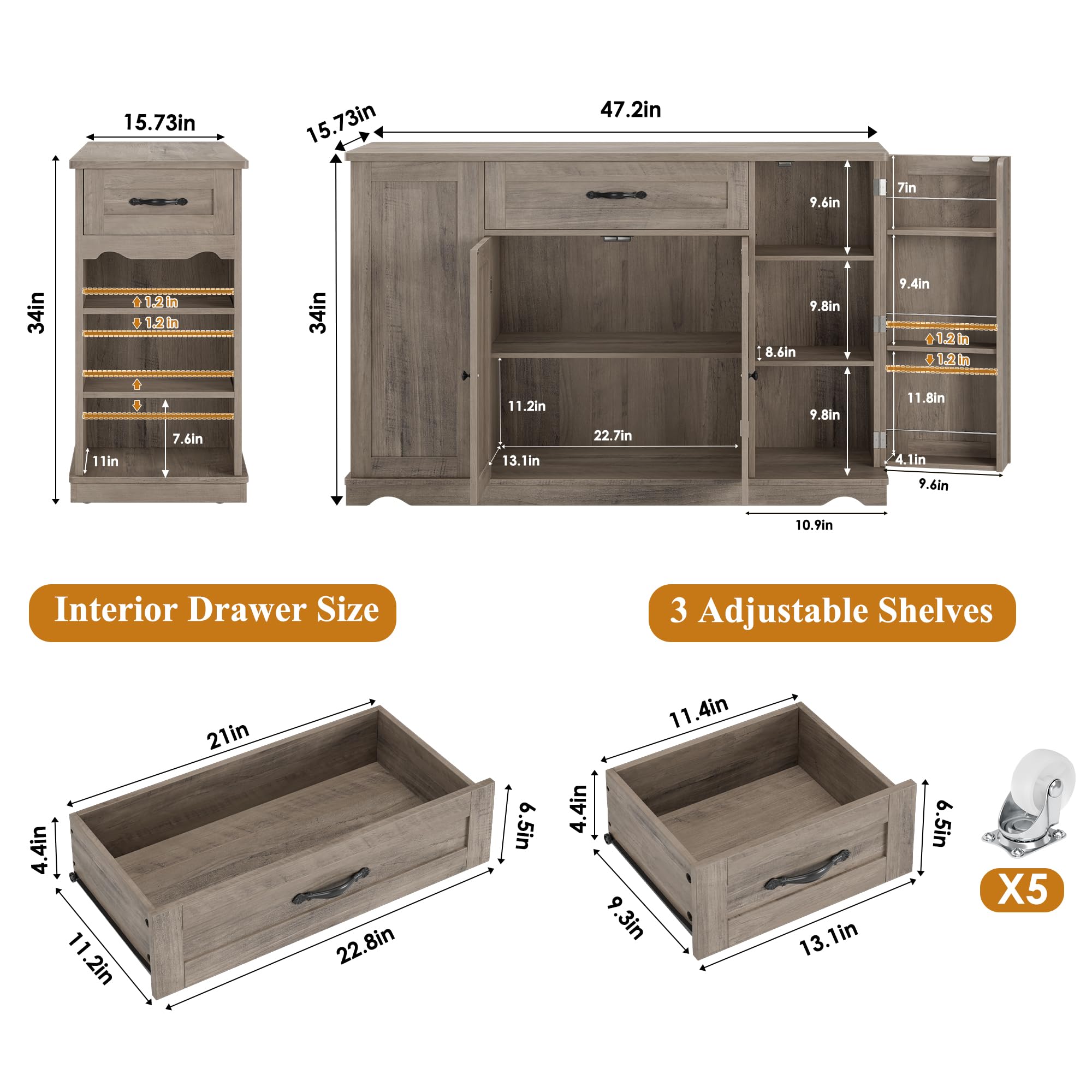 OMOMMD Kitchen Island Cart 47in Rolling Storage Table with Drawers ...