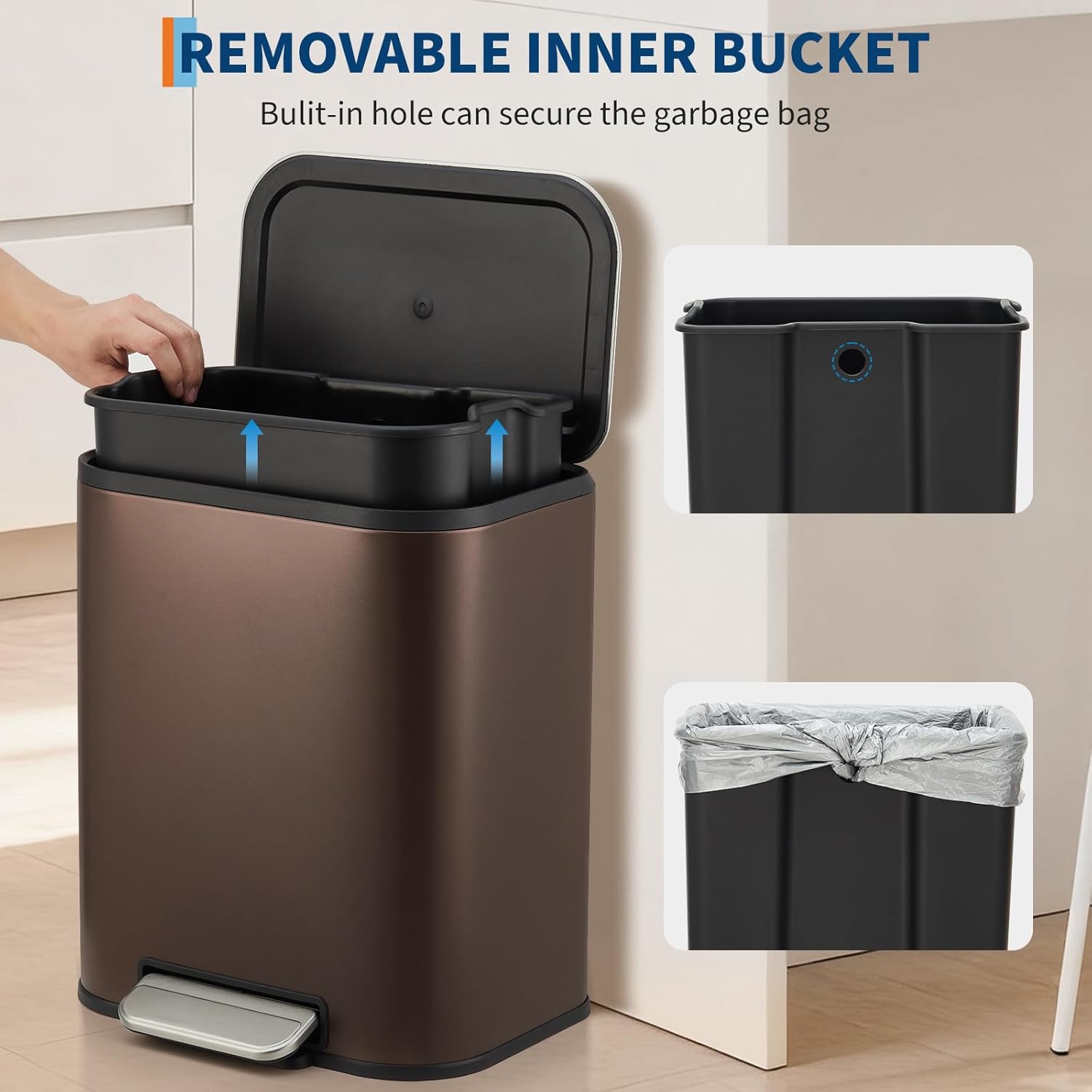Garvee Bathroom Trash Can 5.3 gal Stainless Steel Garbage Can with Lid ...