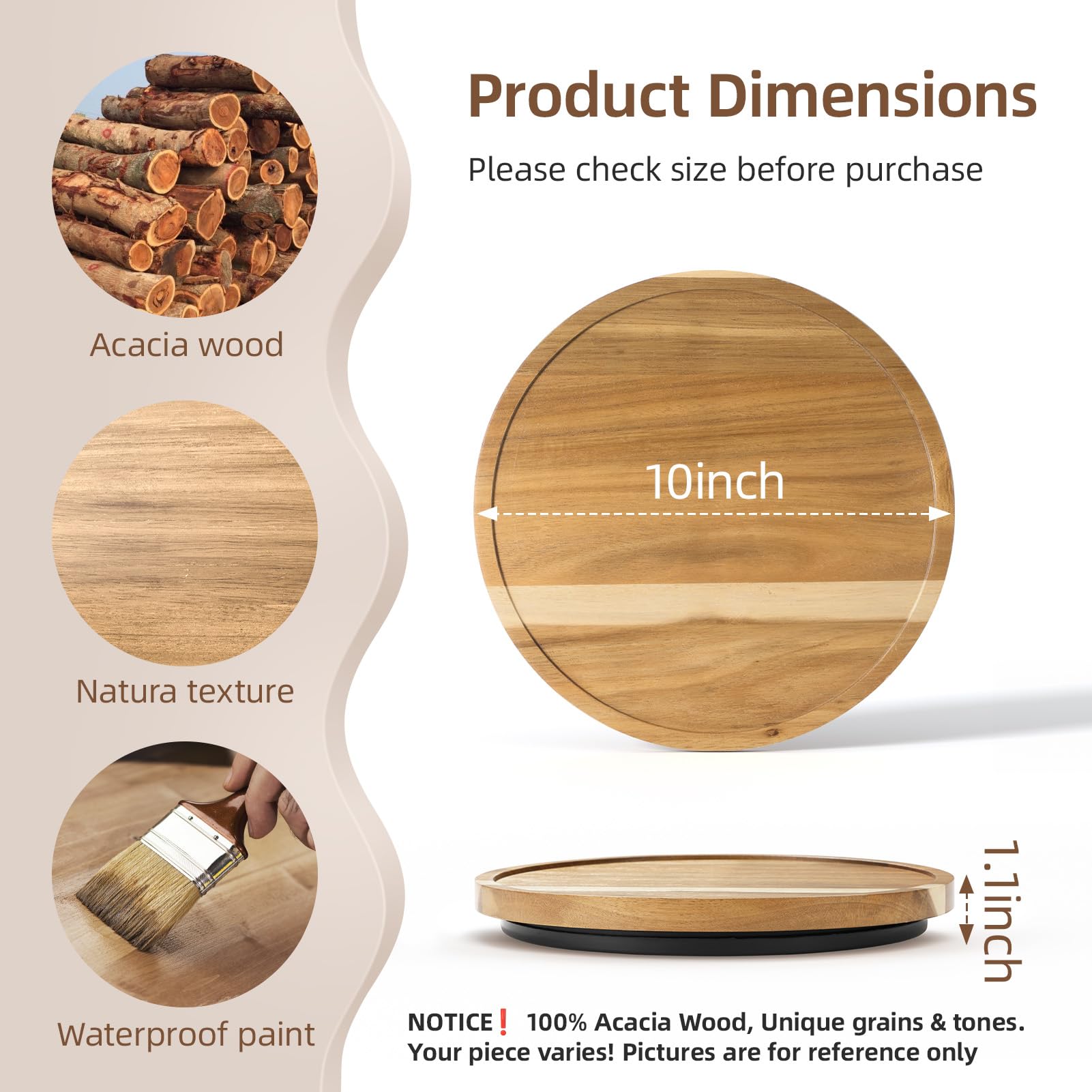 Etokfoks 1 Piece 10 Inch Acacia Wood Lazy Susan Organizer Smooth 360 ...