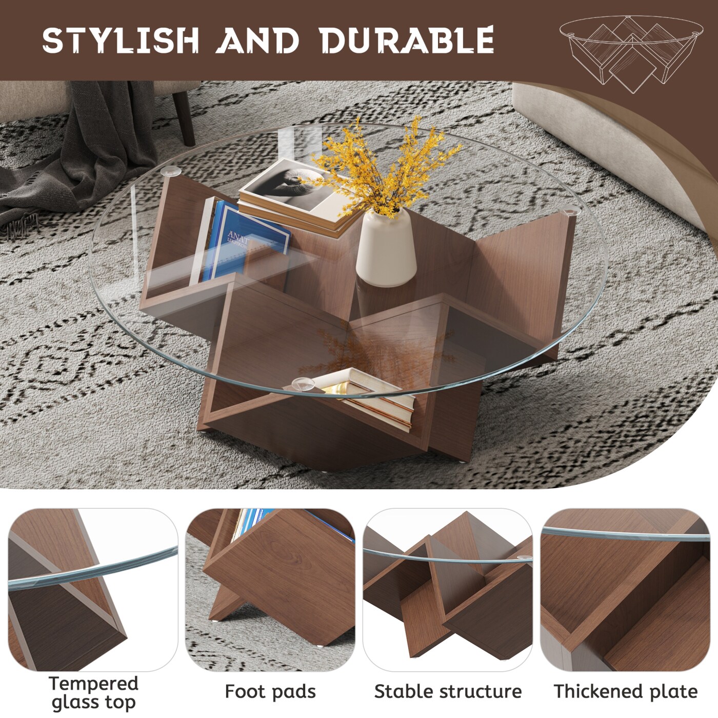 Streamdale Furniture Streamdale Round Coffee Table with Glass Top and ...