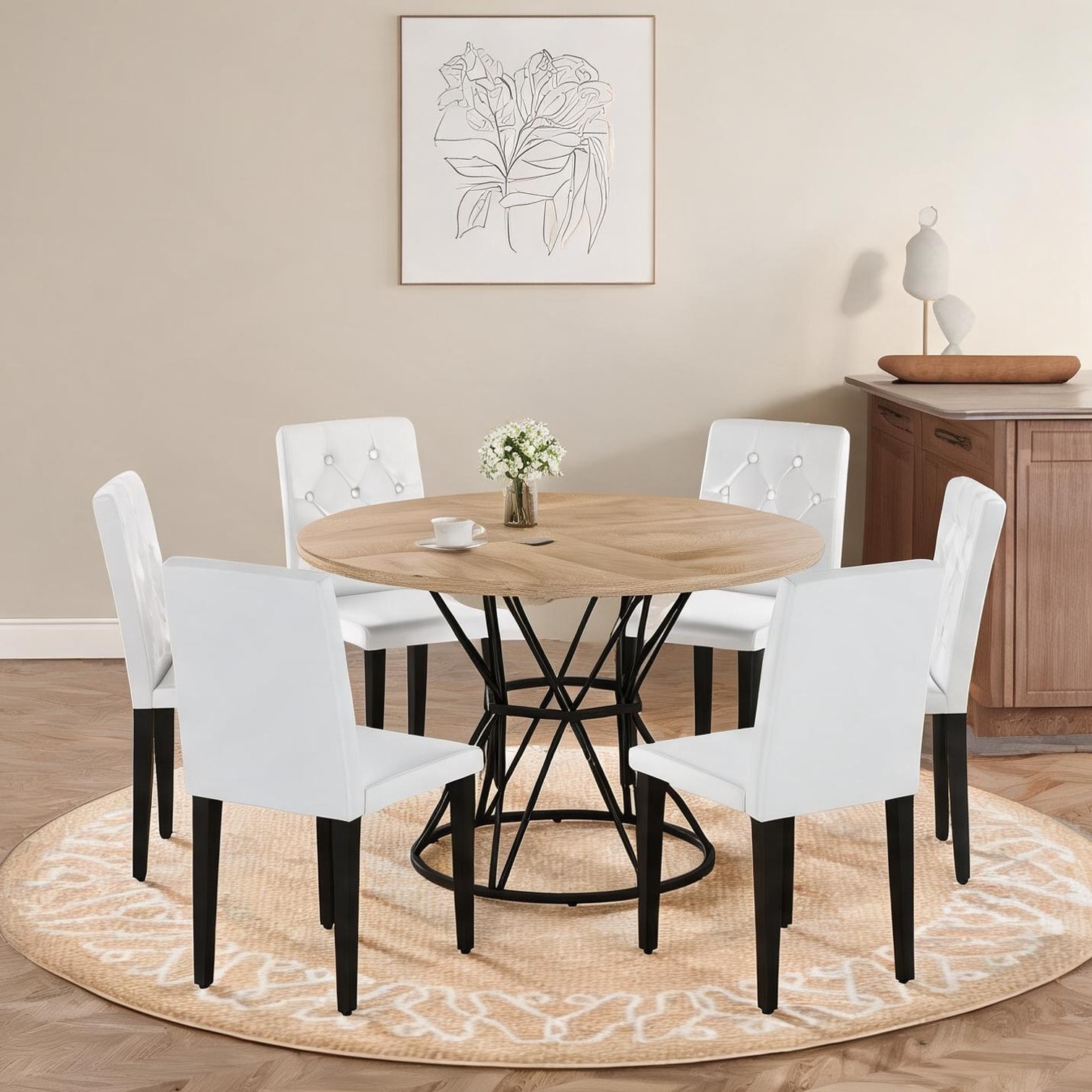 Naturefalls Round 47.3-Inch MDF Dining Table with 6 White PU Chairs ...