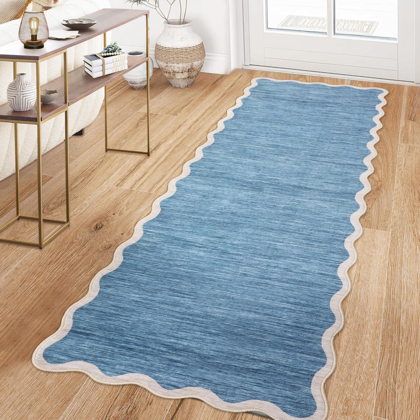 Qeetex 2 x 6 ft Blue Scalloped Solid Kitchen Laundry Bathroom Bedroom ...
