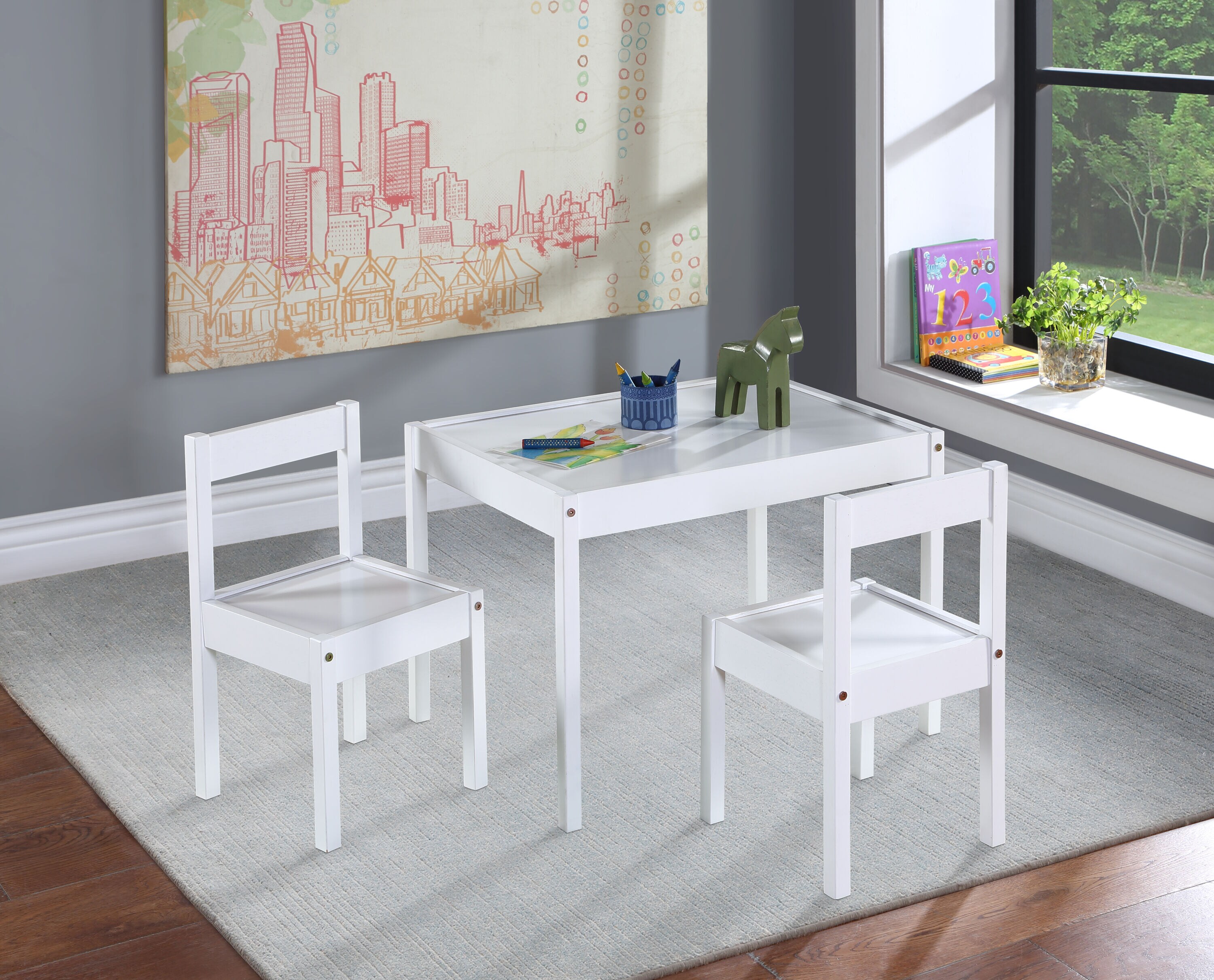LOVMOR Della 3-Piece Solid Wood Kids Table and Two Chair Set White in ...