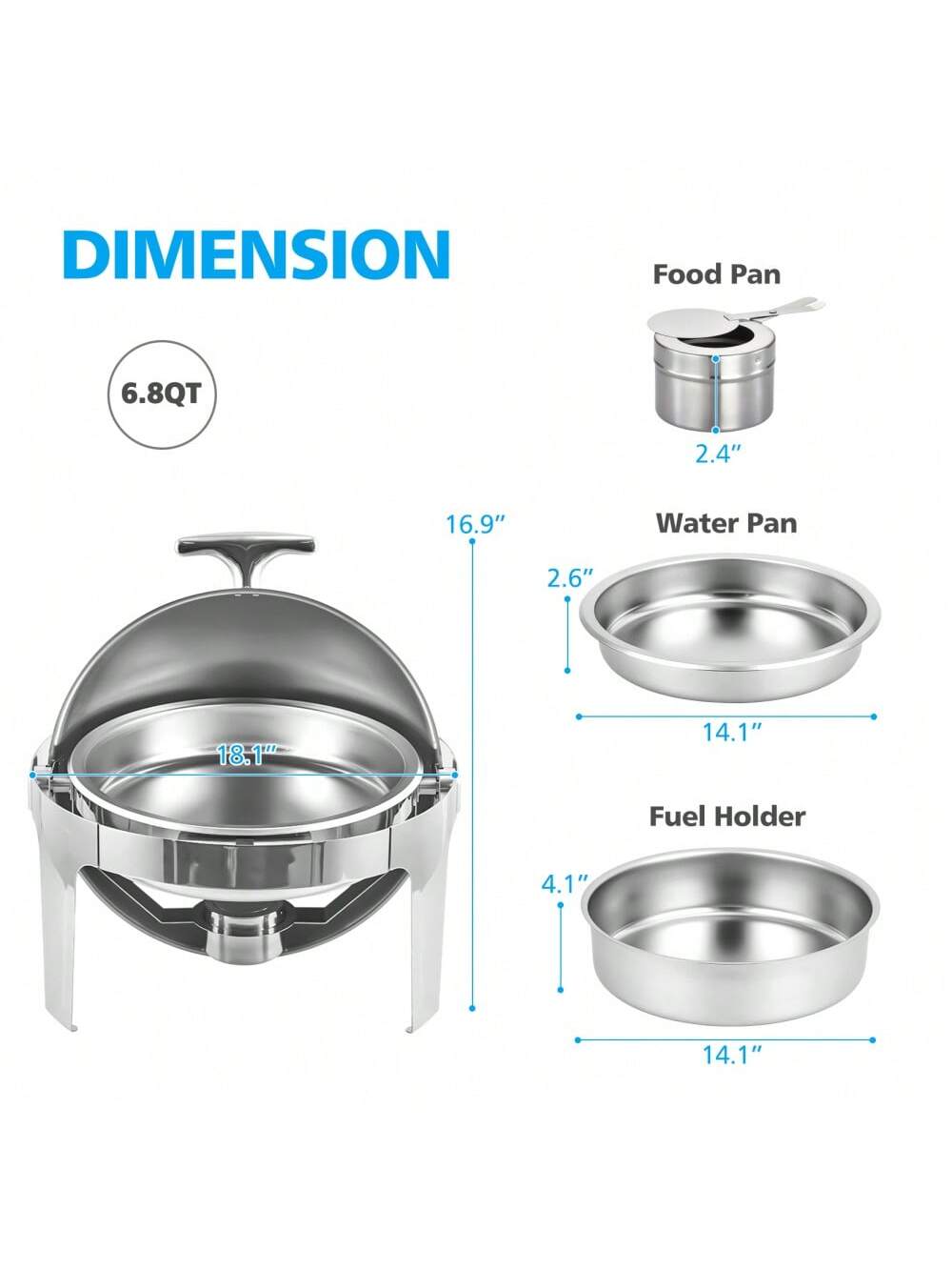 Qeetex 6.8 QT Round Roll Top Chafing Dish Buffet Set. Round Chafing ...