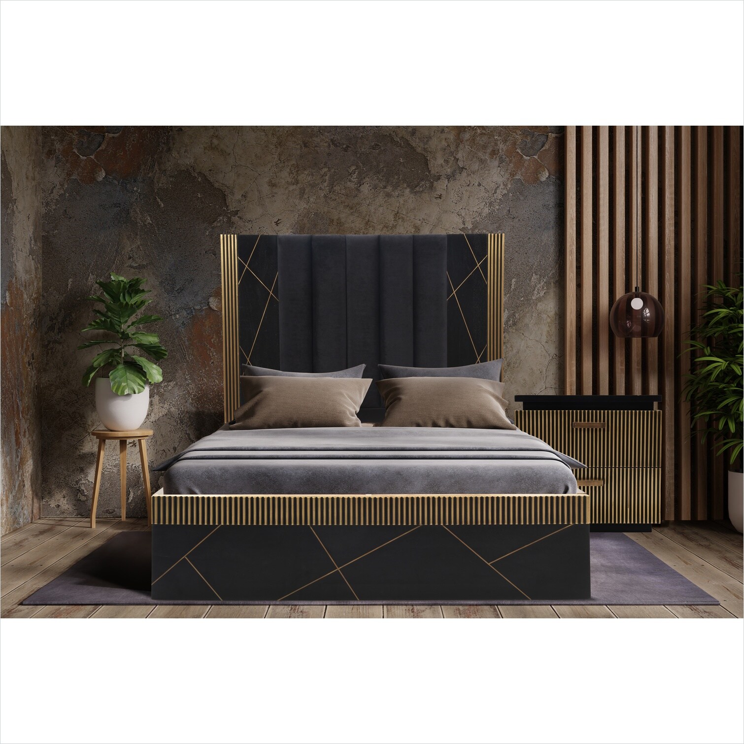 Watnature Queen bed frame with brass metal accents mango wood black ...