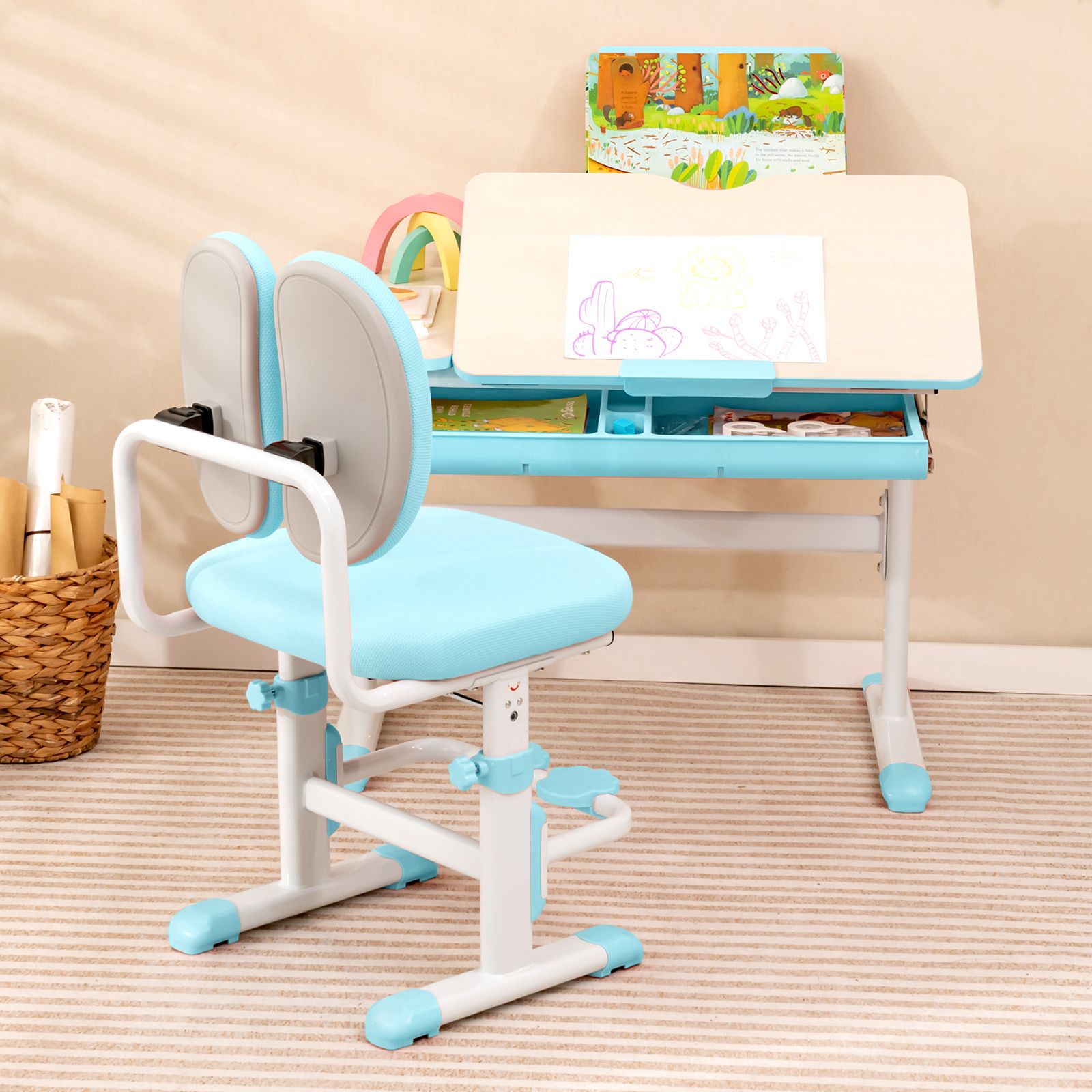 Slickblue Set of 2- Kids Adjustable Height Study Desk and Chair Set for ...